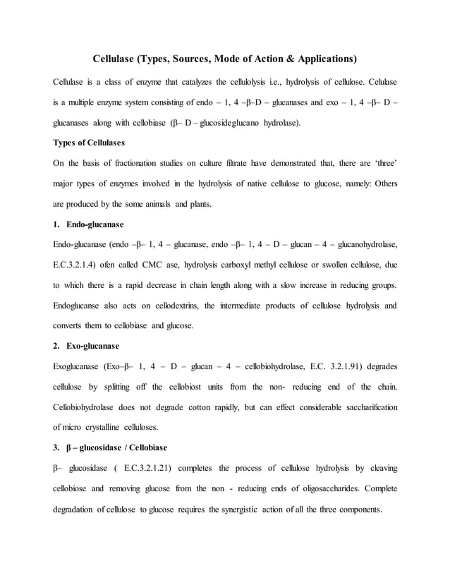 Cellulase (Types, Sources, Mode of Action & Applications) | DOCX ...