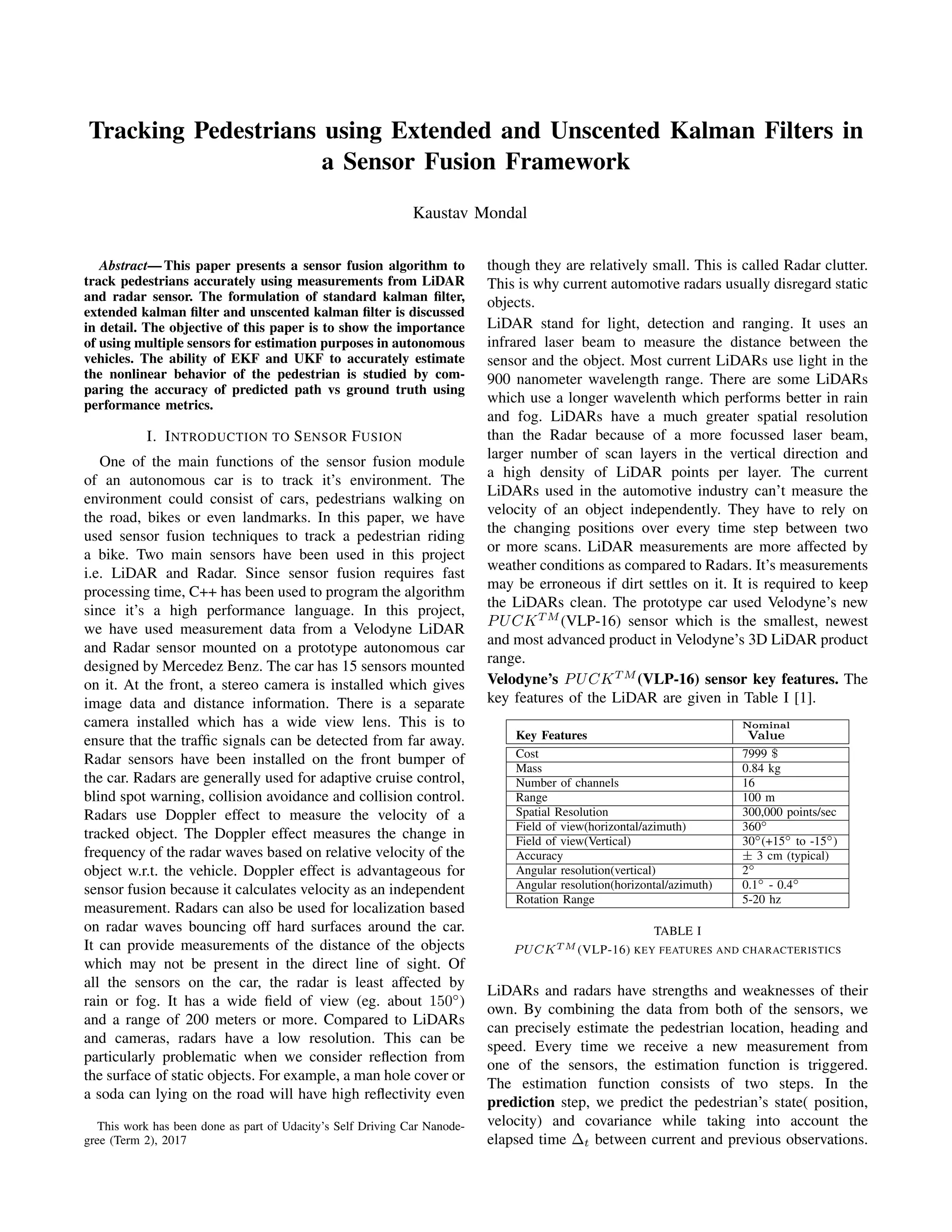 Tracking Pedestrians using Extended and Unscented Kalman Filters in a Sensor Fusion Framework | PDF