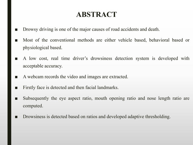 Driver drowsiness monitoring system using visual behavior and Machine Learning. | PPTX | Ear ...