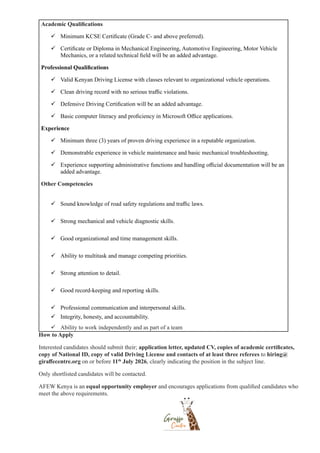 Driver Position at African Fund for Endangered Wildlife Kenya - Job ...
