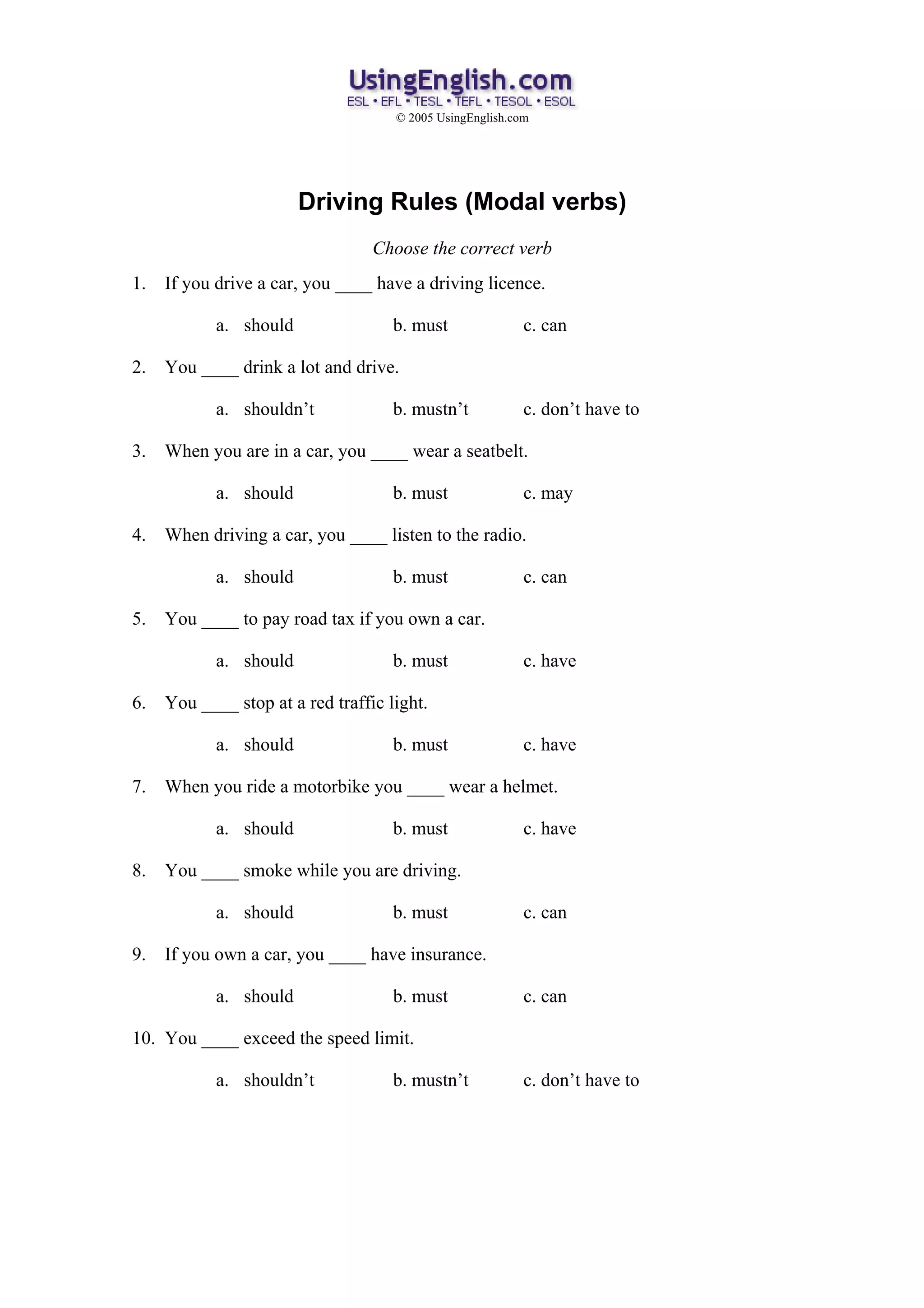 Driving rules-modal-verbs | PDF