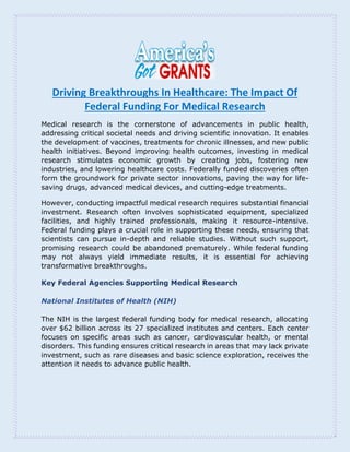 Driving Breakthroughs In Healthcare - The Impact Of Federal Funding For ...