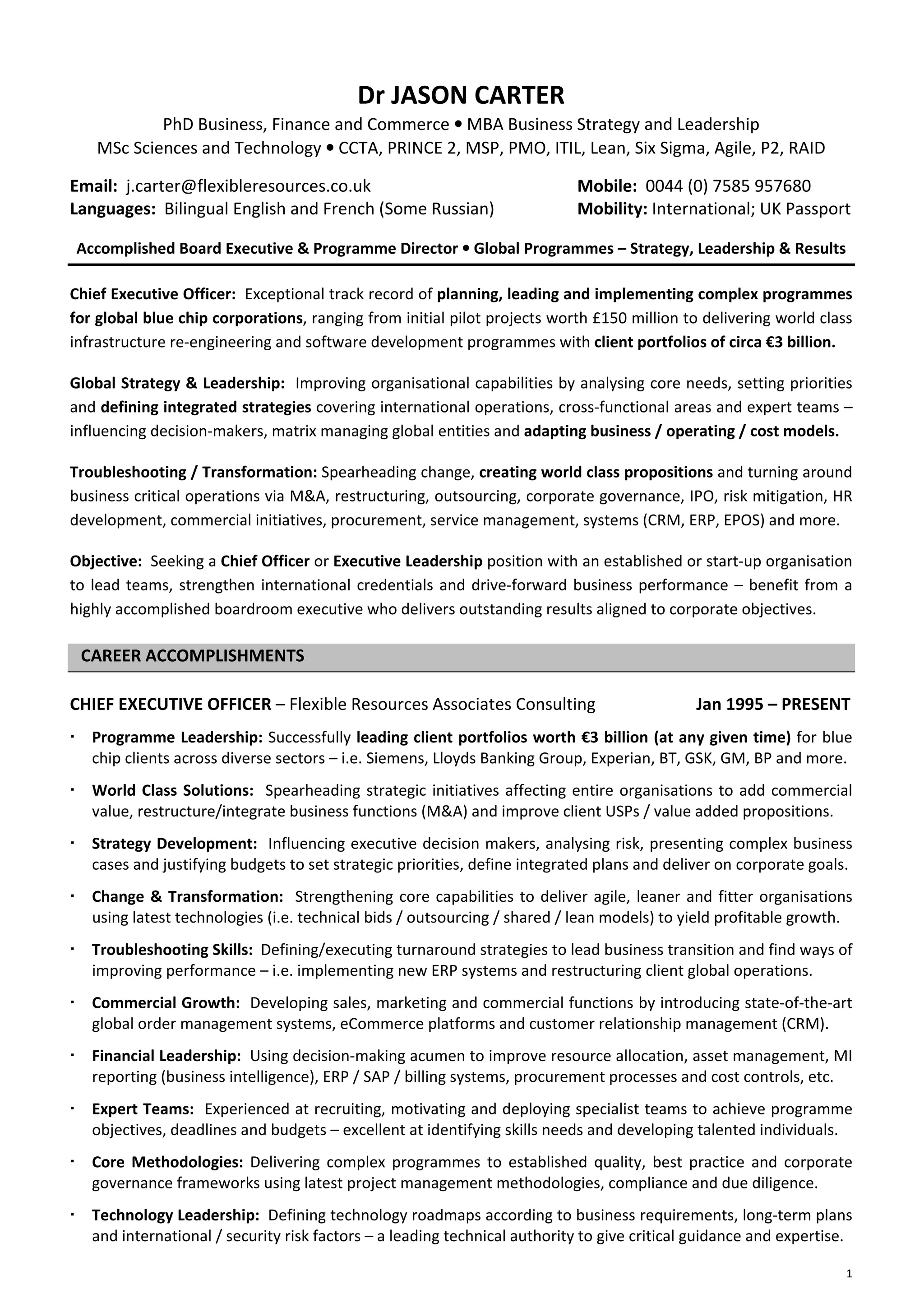 Dr Jason Carter CV Chief Executive Officer And Global Programmes ...