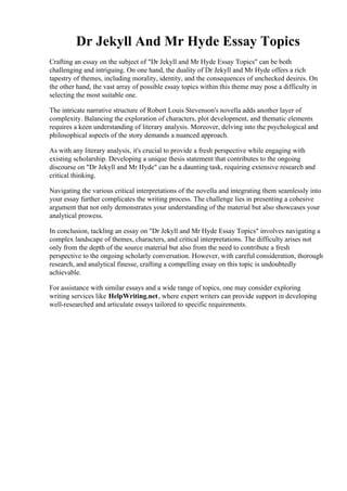 Dr Jekyll And Mr Hyde Essay Topics. Dr Jekyll and Mr Hyde - GCSE ...