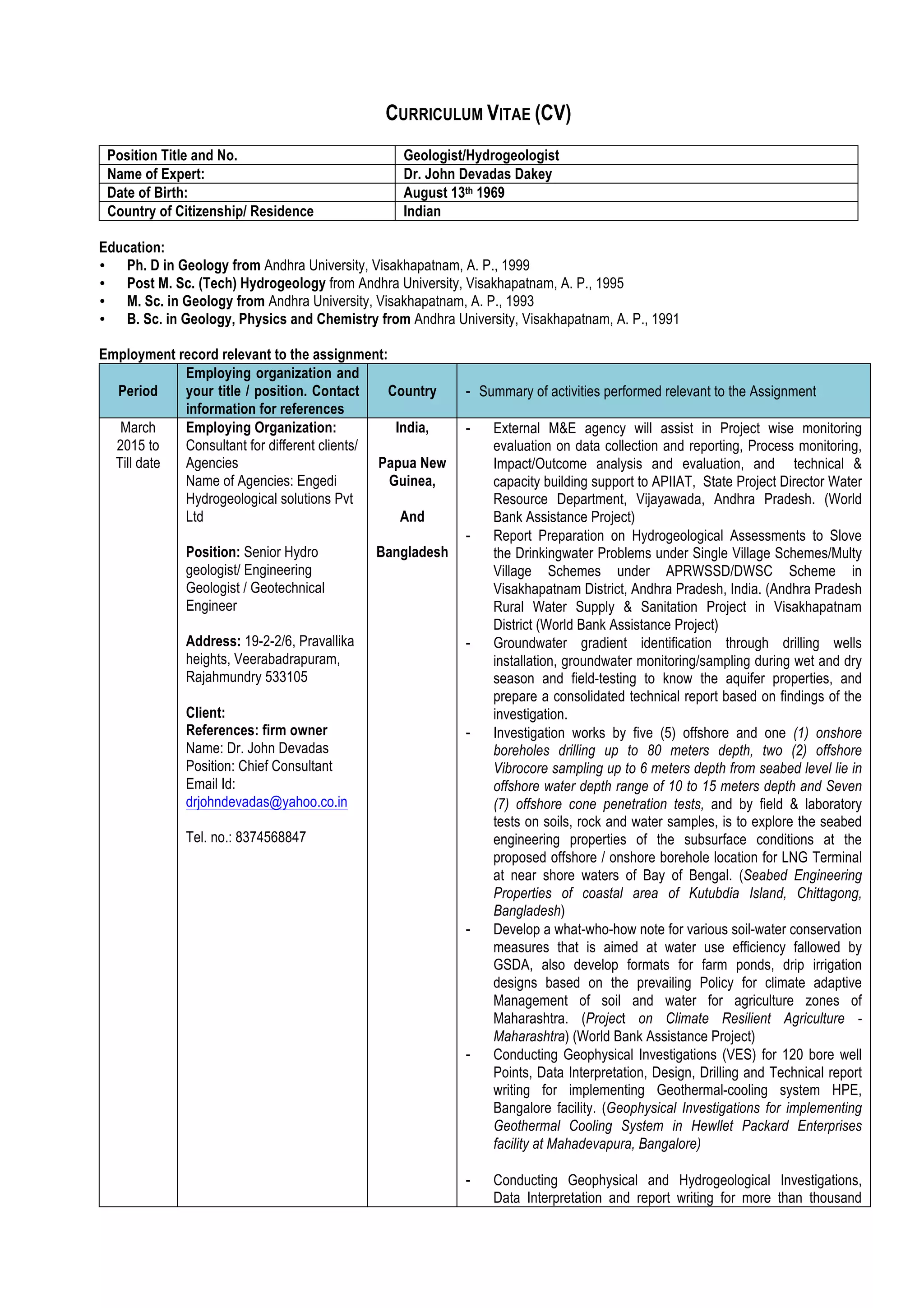 Dr john cv as hydrogeologist | PDF