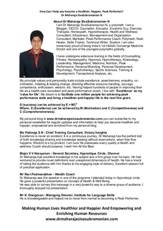 Dr Maharaja SivaSubramanian N Information kit to help you become a ...