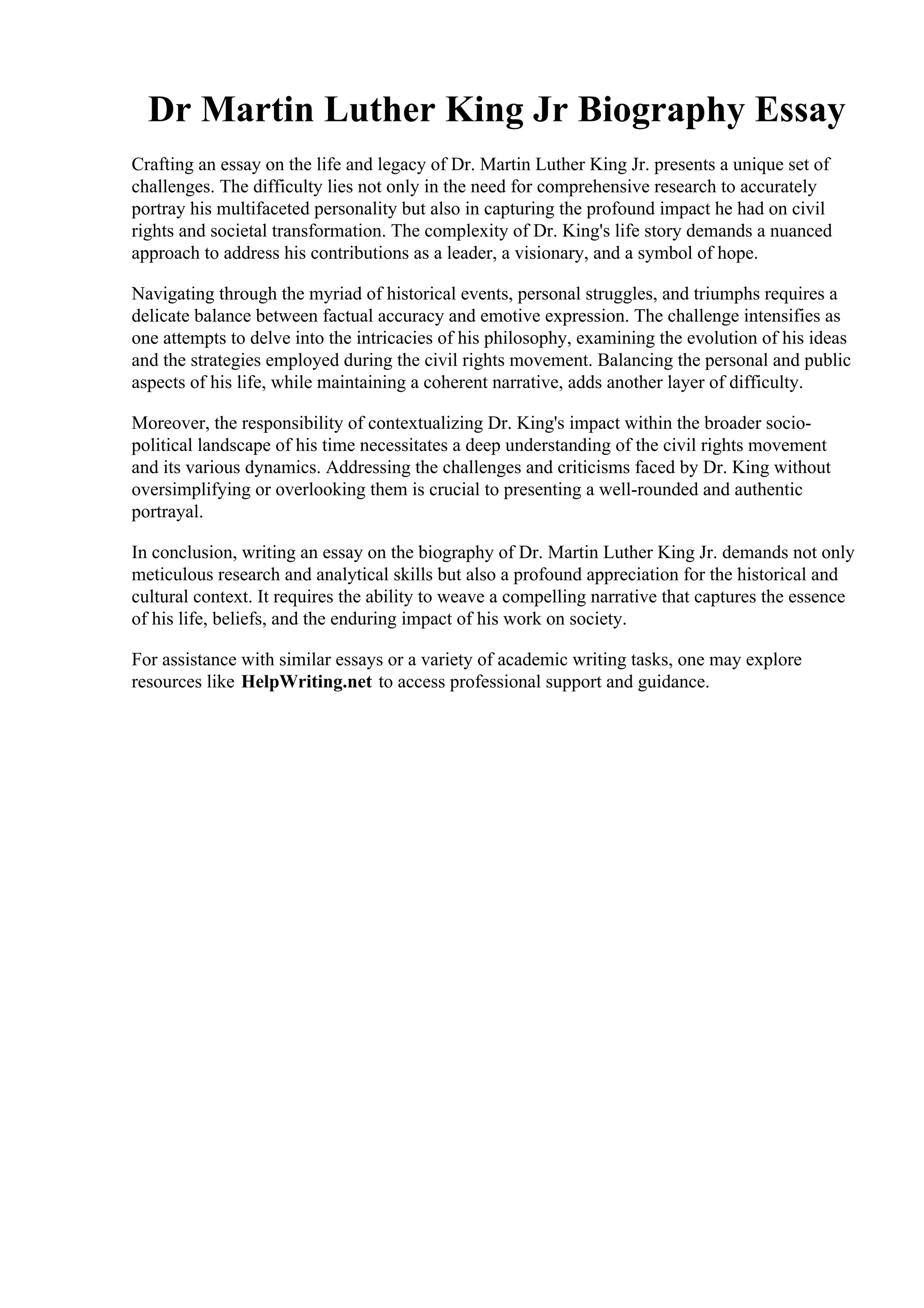 Dr Martin Luther King Jr Biography Essay | PDF