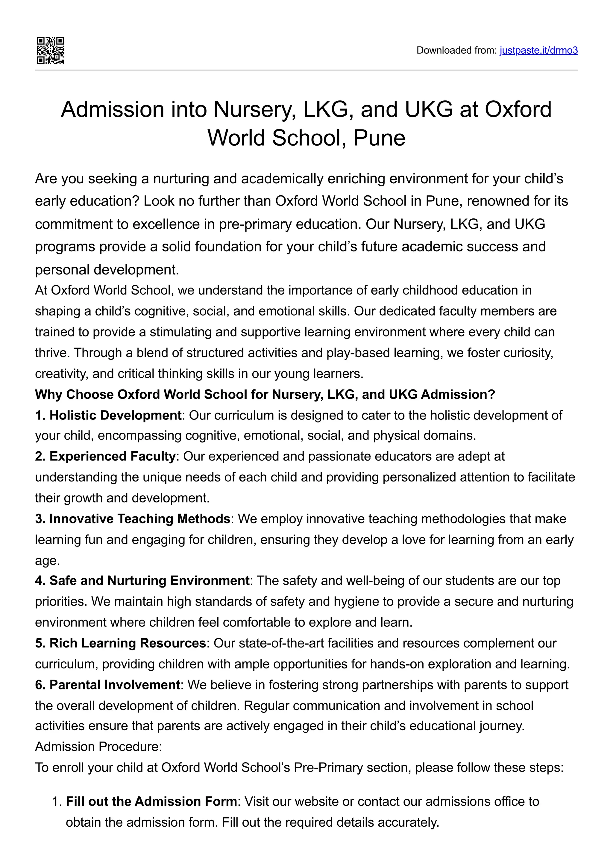 Admission into Nursery, LKG, and UKG at Oxford World School, Pune | PDF