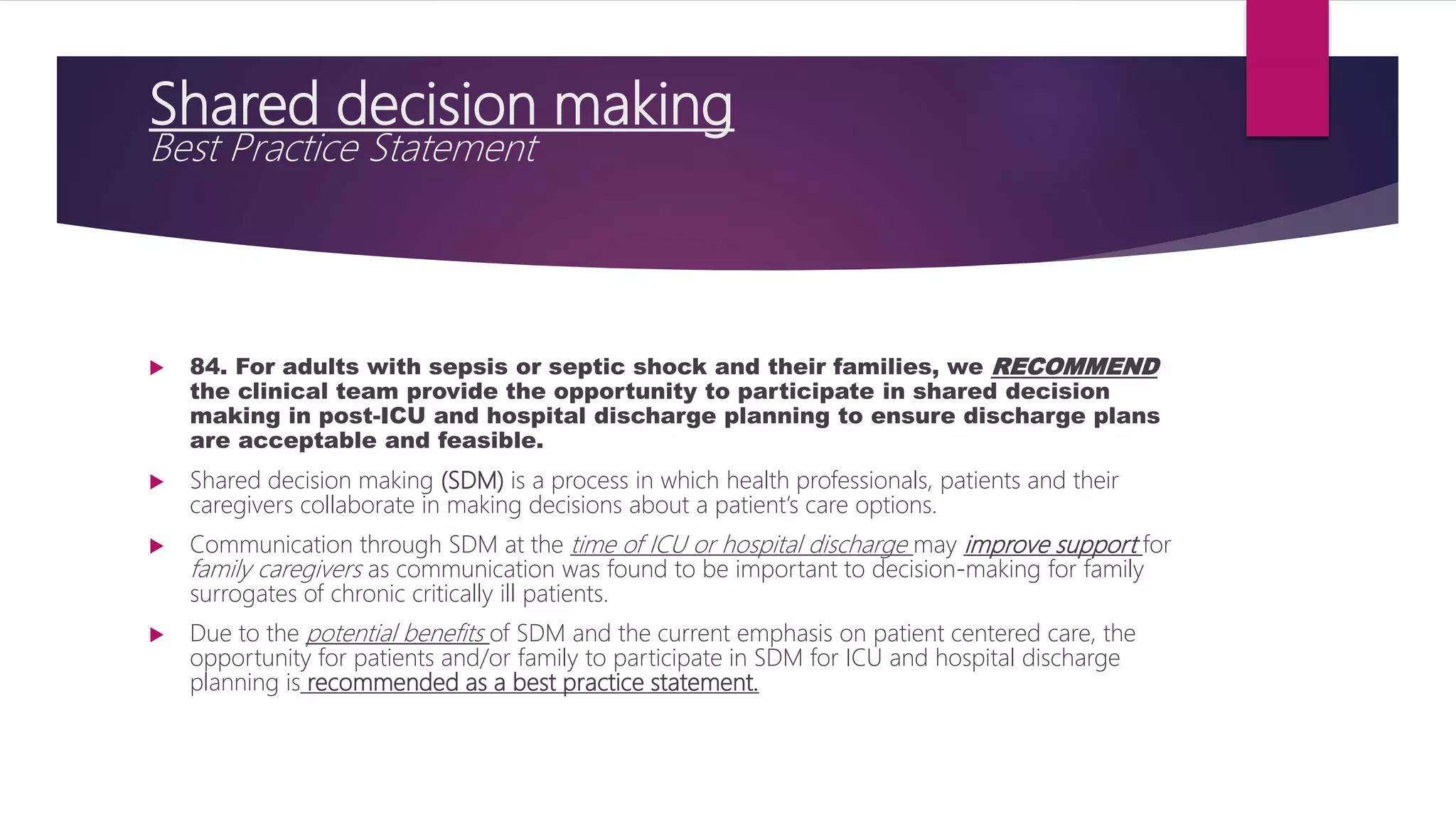 Surviving sepsis compaign (adults) Guidelines updates 2021. “Long Term ...
