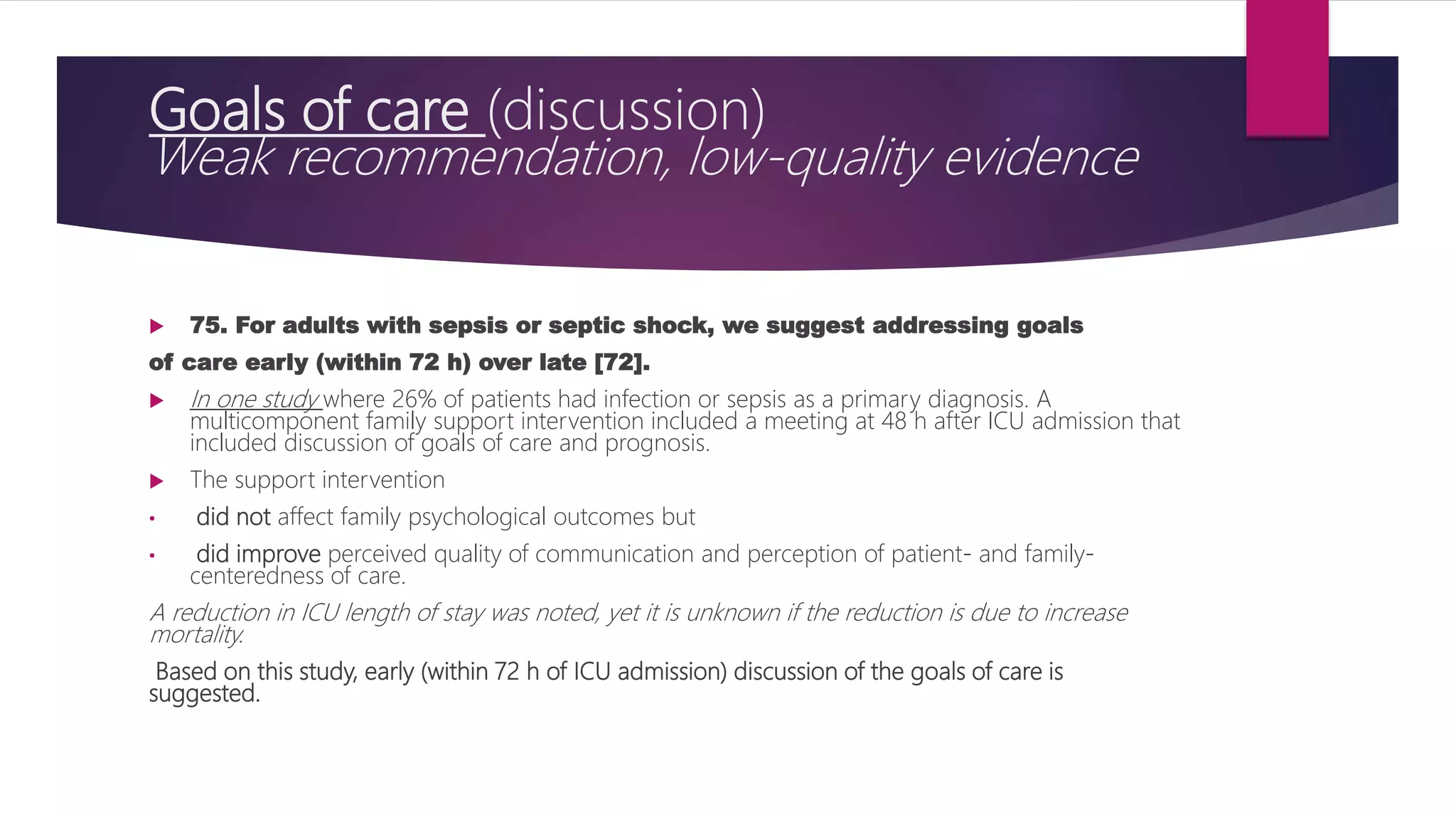 Surviving sepsis compaign (adults) Guidelines updates 2021. “Long Term ...
