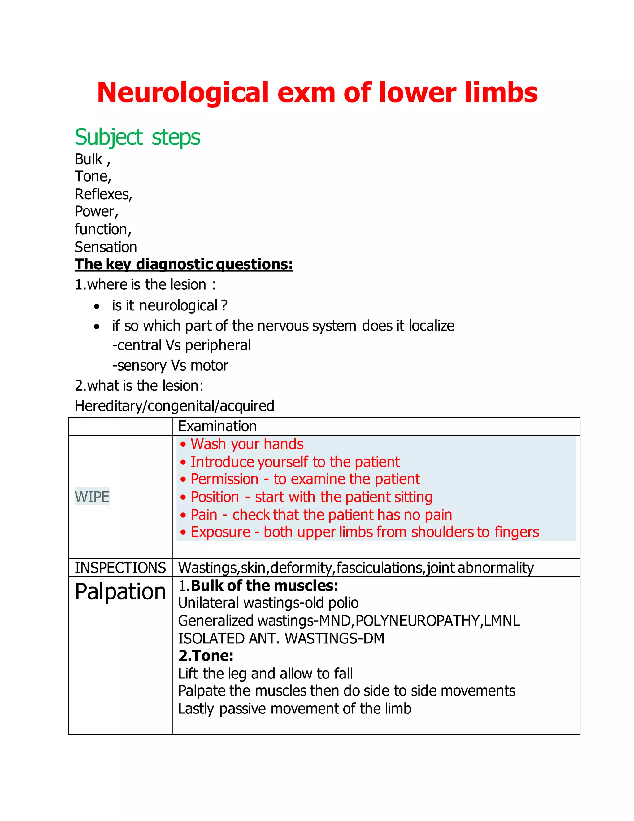 nEUROLOGICAL EXAM OF LOWER LIMB | DOCX