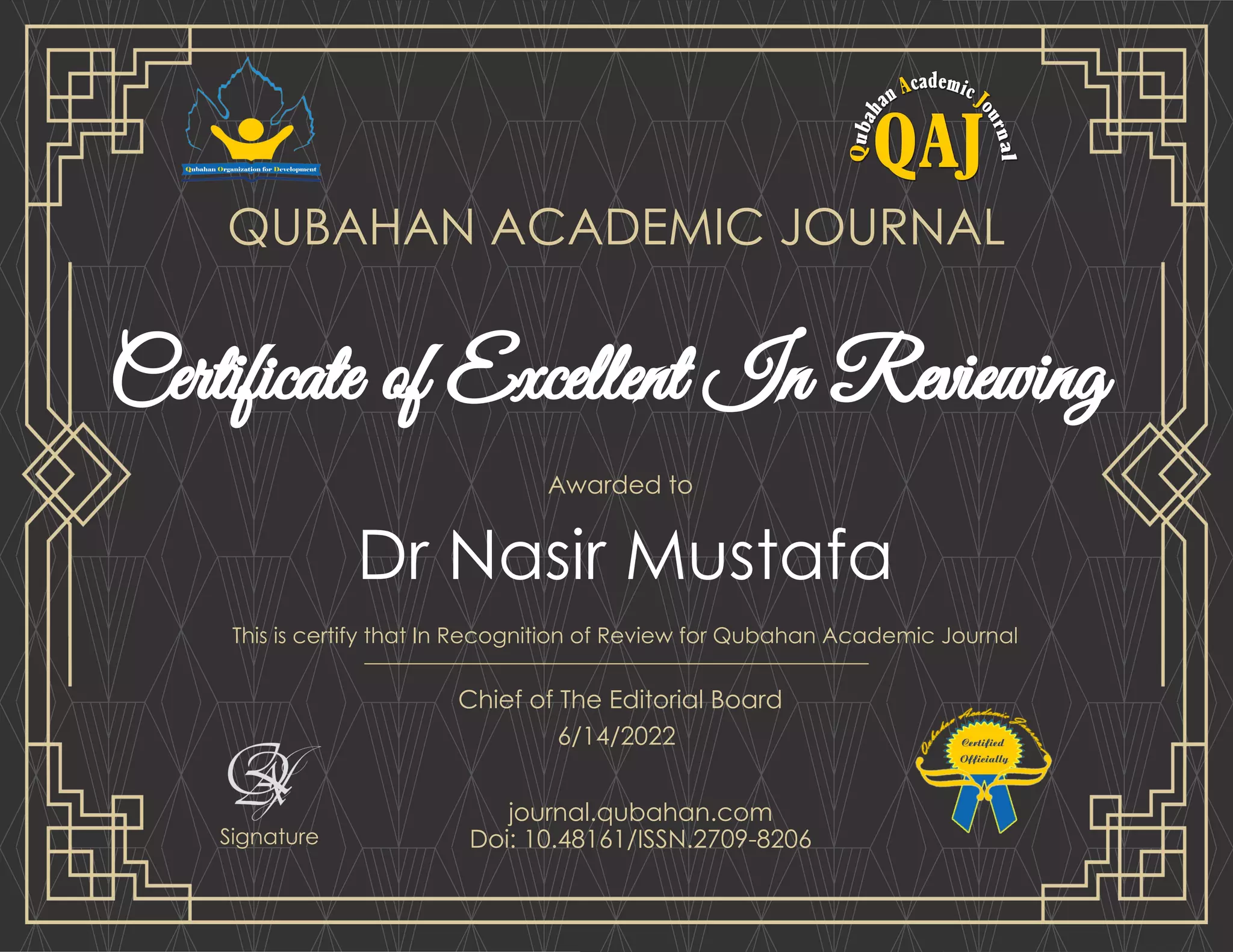 Dr Nasir Mustafa Certificate of Reviewer.pdf