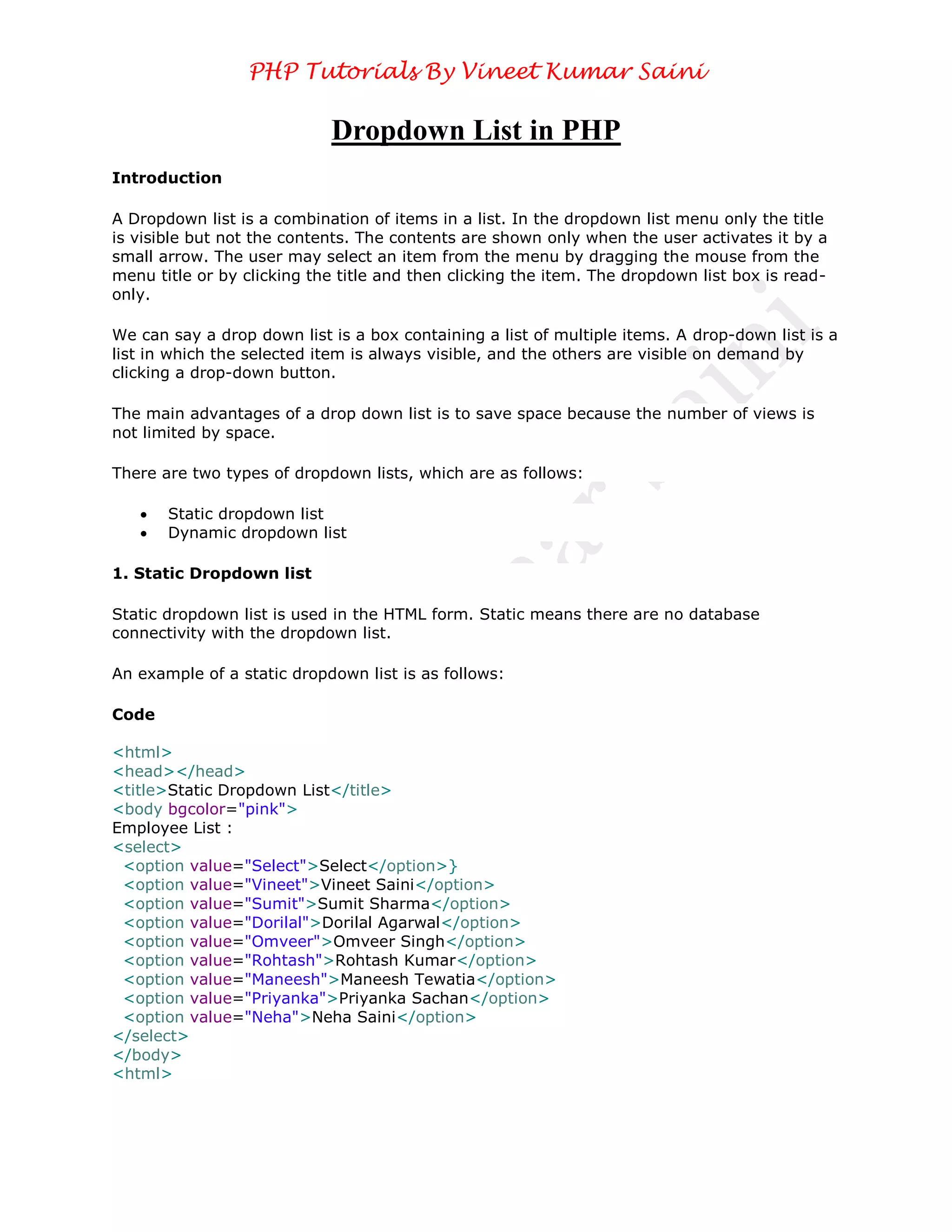 Dropdown List in PHP | PDF
