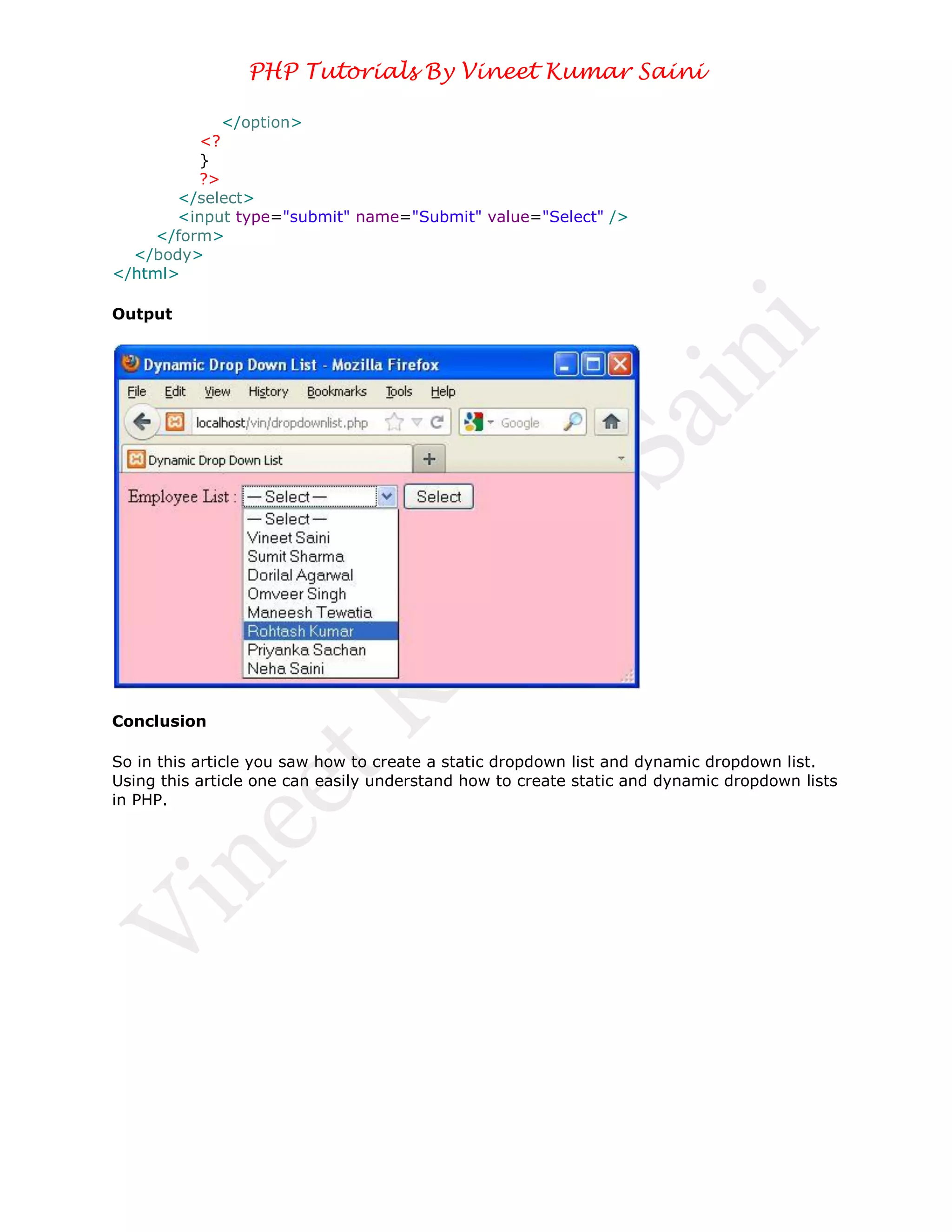 Dropdown List in PHP | PDF