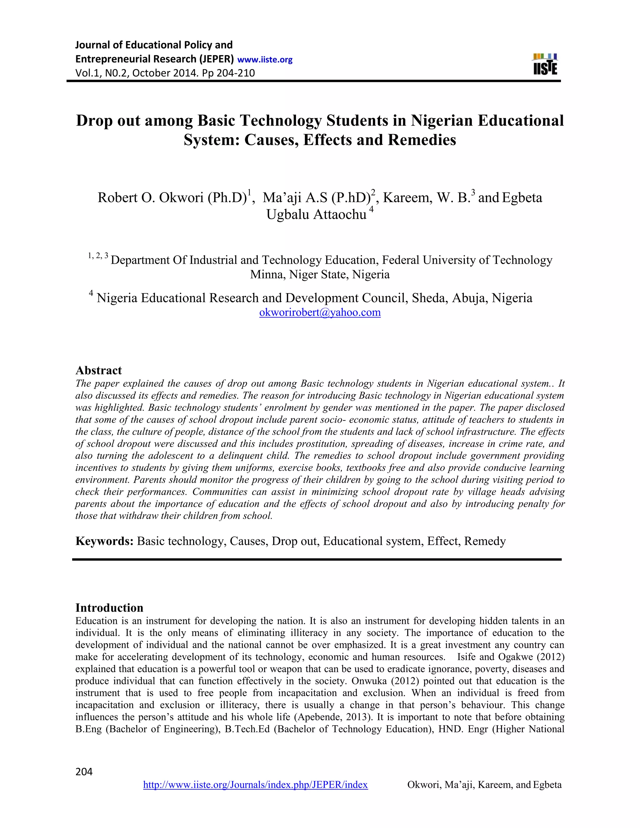 Drop out among basic technology students in nigerian educational | PDF