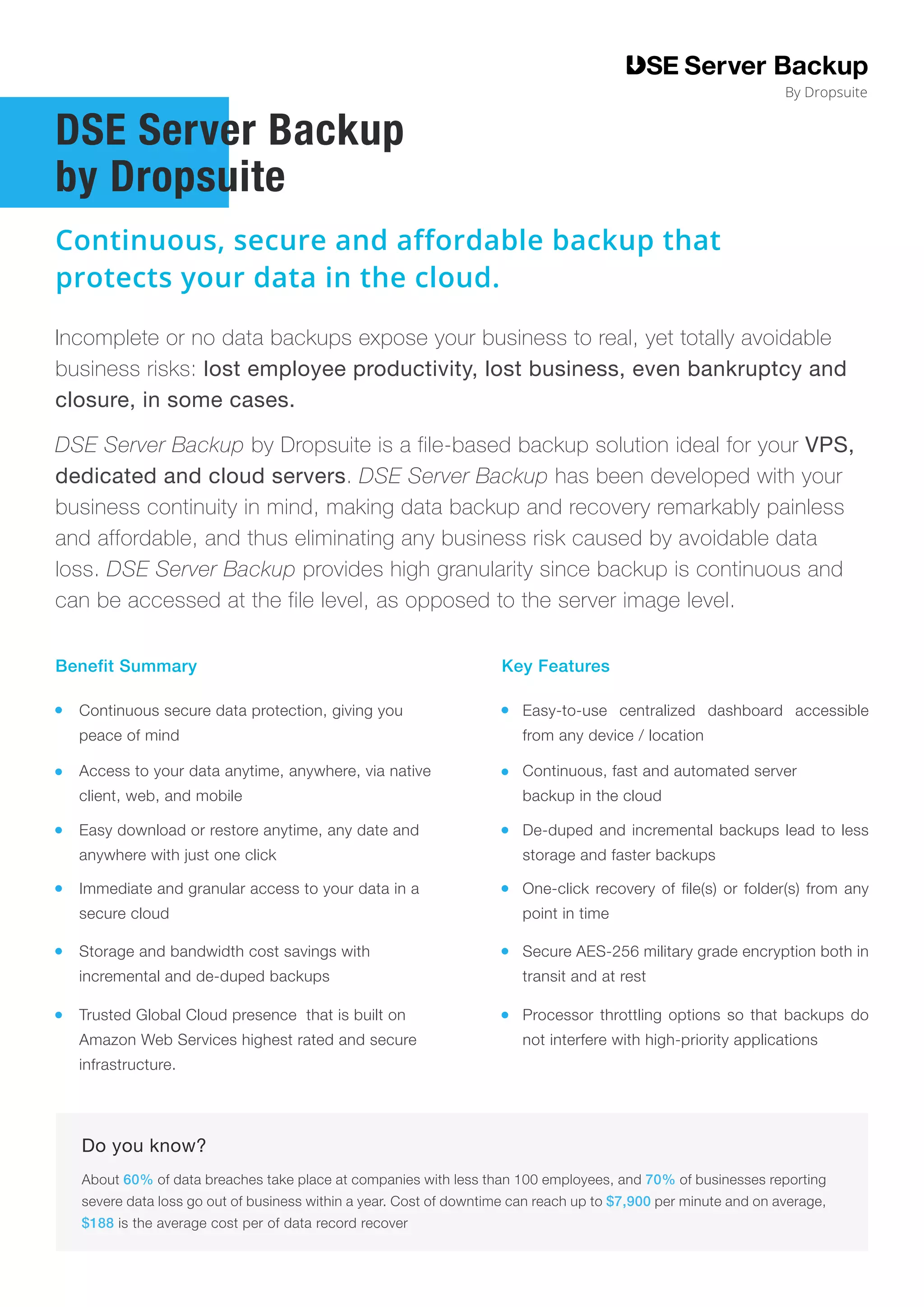 Dropsuite Datasheet for DSE Server Backup | PDF