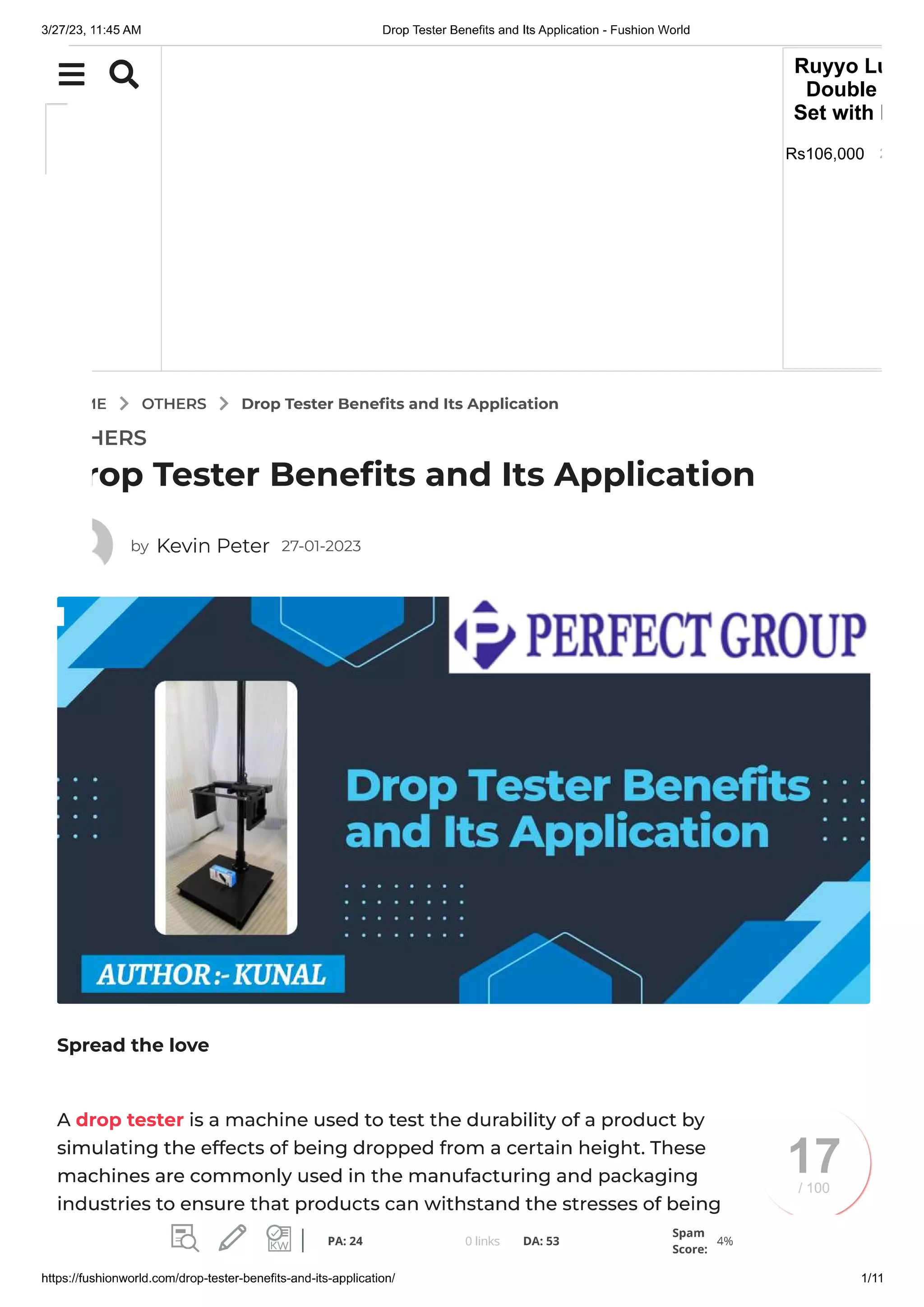Drop tester | Perfectgroupindia | PDF