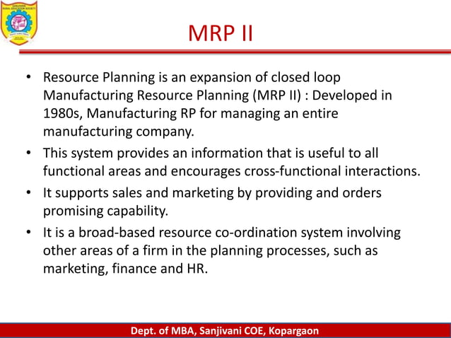 OPERATIONS MANAGEMENT Distribution Requirements Planning, MRP-II | PPT