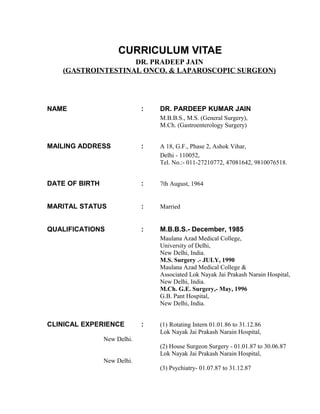 Dr Pradeep Jain Fortis Hospital - CURRICULUM VITAE | DOC