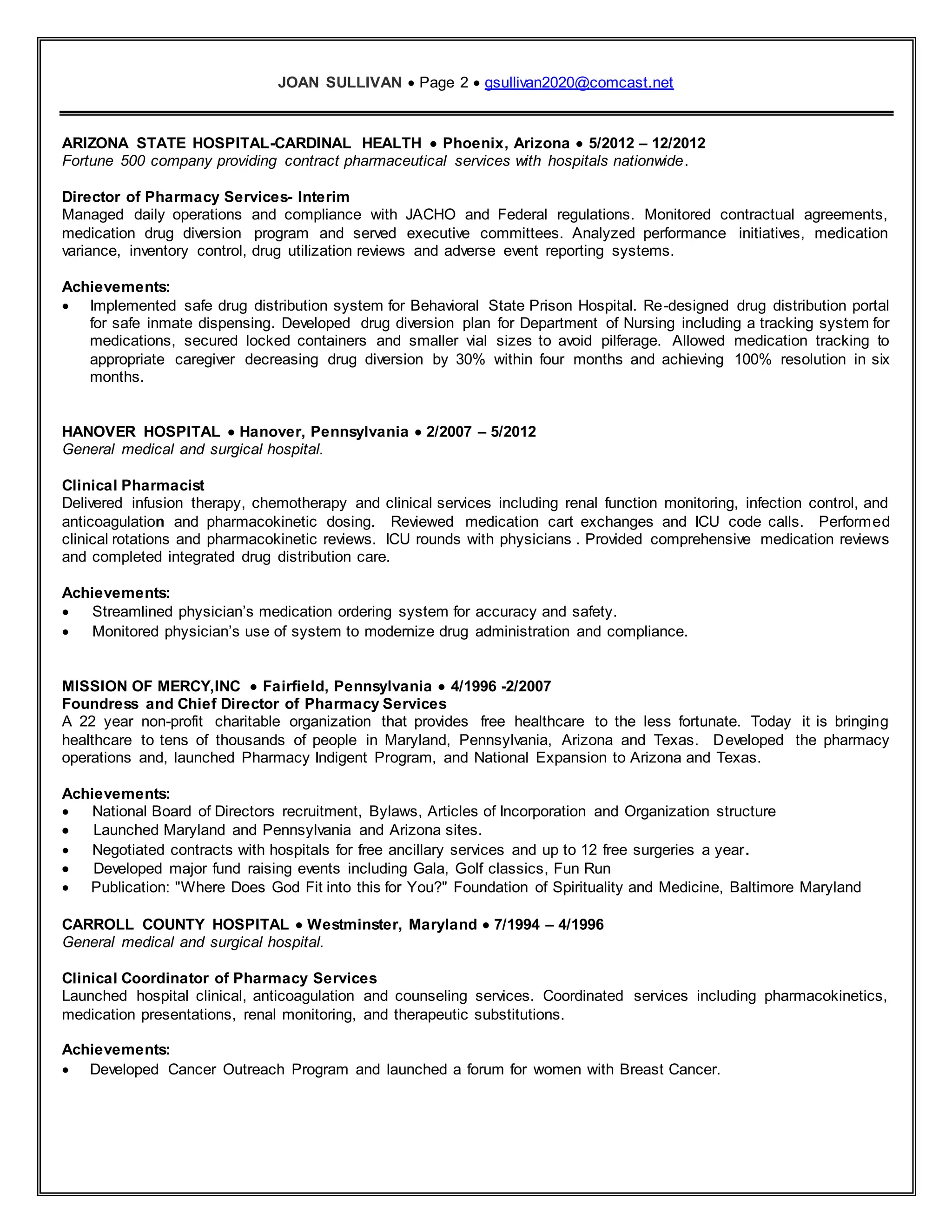 Dr Joan Sullivan, Pharm D Resume | DOCX