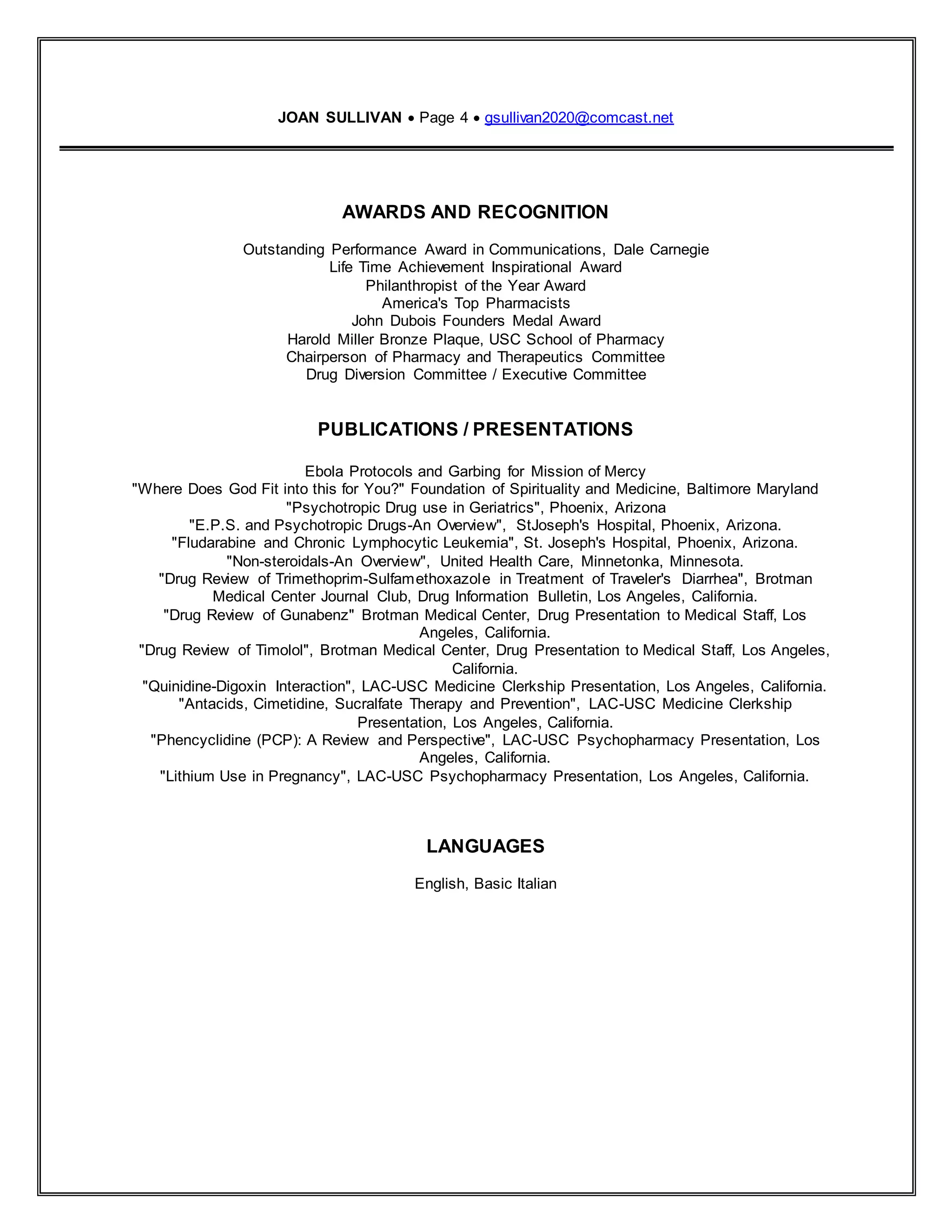 Dr Joan Sullivan, Pharm D Resume | DOCX