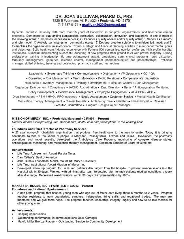 Dr Joan Sullivan, Pharm D Resume | DOCX