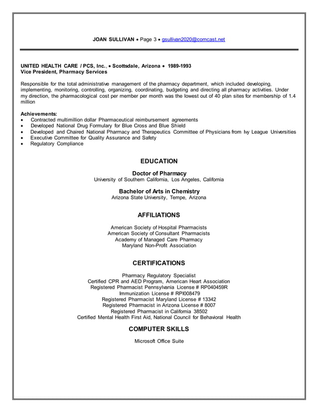 Dr Joan Sullivan, Pharm D Resume | DOCX
