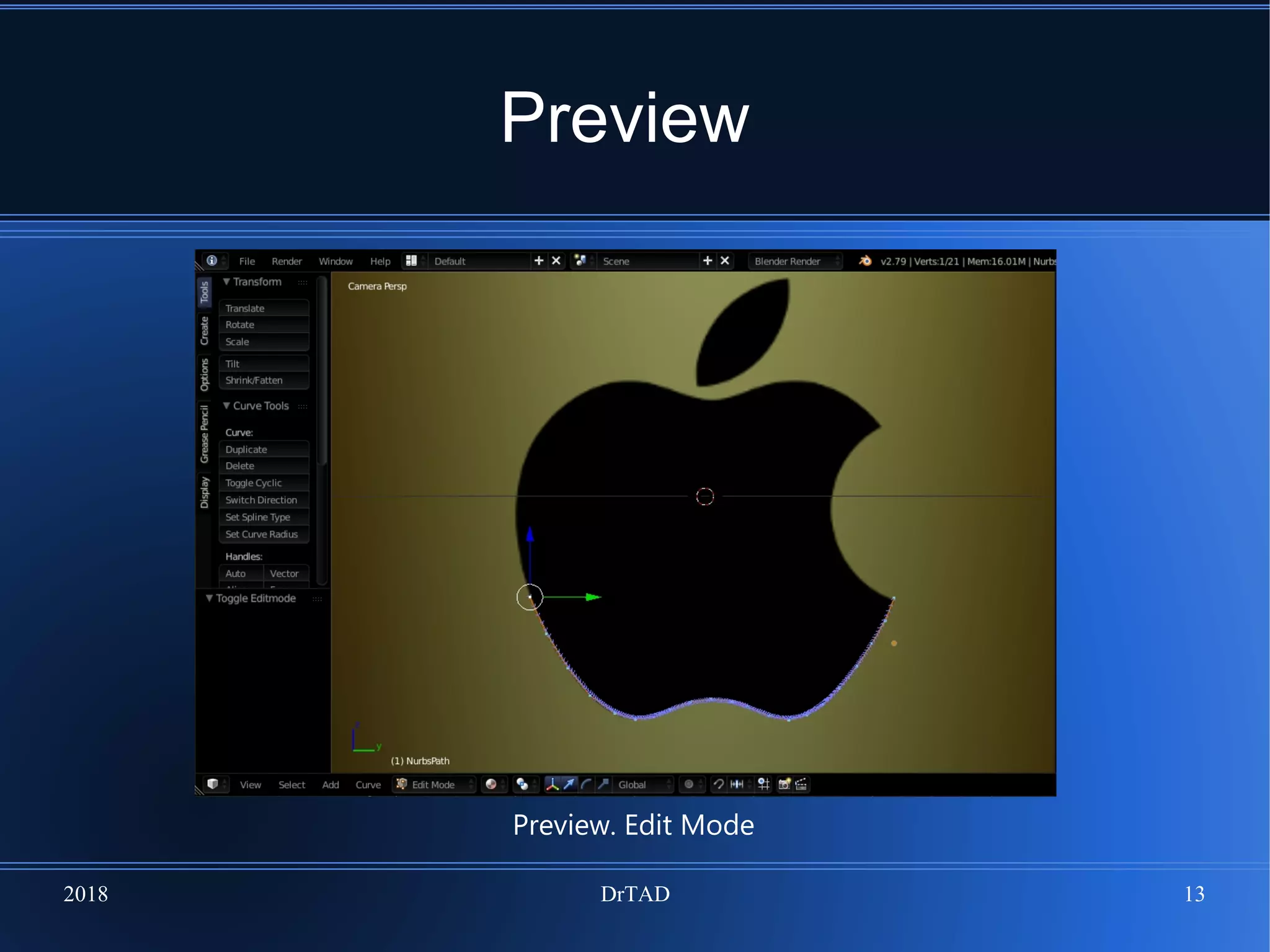 Drtad Blender Software Example 2 Apple Logo 2d To 3d Images As Planes Curve Nurbspath