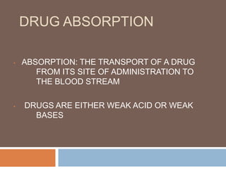 DRUG ABSORPTION .pharmacology lecture pptx | PPTX