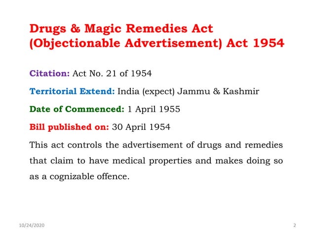 Drug and magic remedies (objectionable advertisement) act 1954 and ...