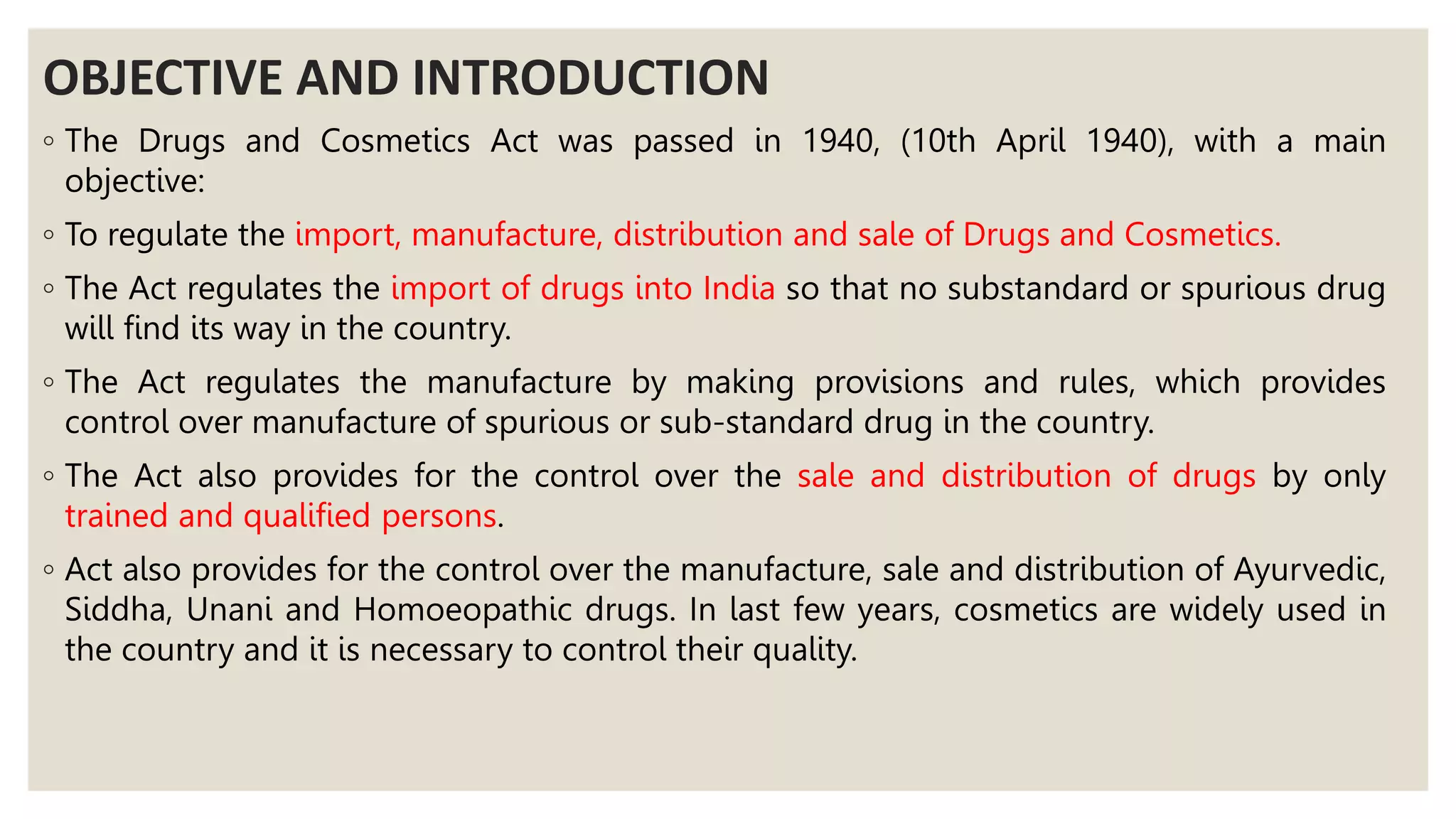 Drug & Cosmetic ACT 1940 & Rules 1945 unit I.pptx