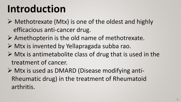 Drug profile of methotrexate :Introduction, History, ROA, Dose, MOA ...