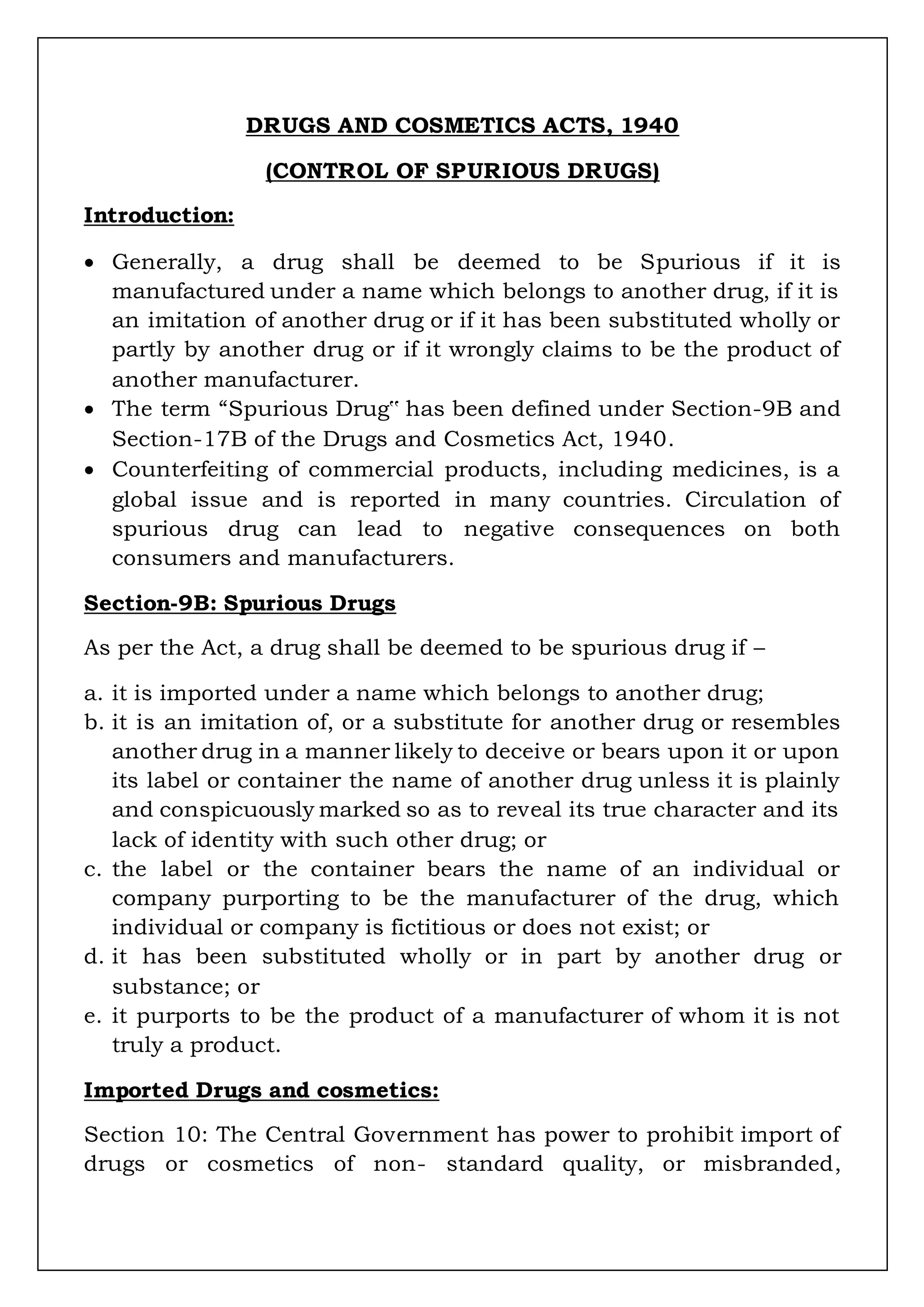 Drugs and cosmetics act-Control Of Spurious Drugs | PDF
