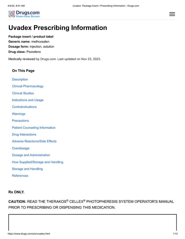 Presentation of Uvadex treatment and its profile | PDF