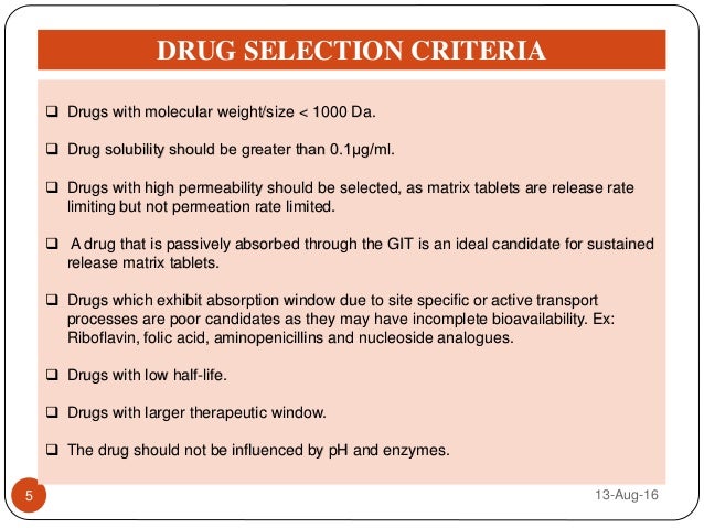 Drug selection criteria for different drug delivery system (DDS)