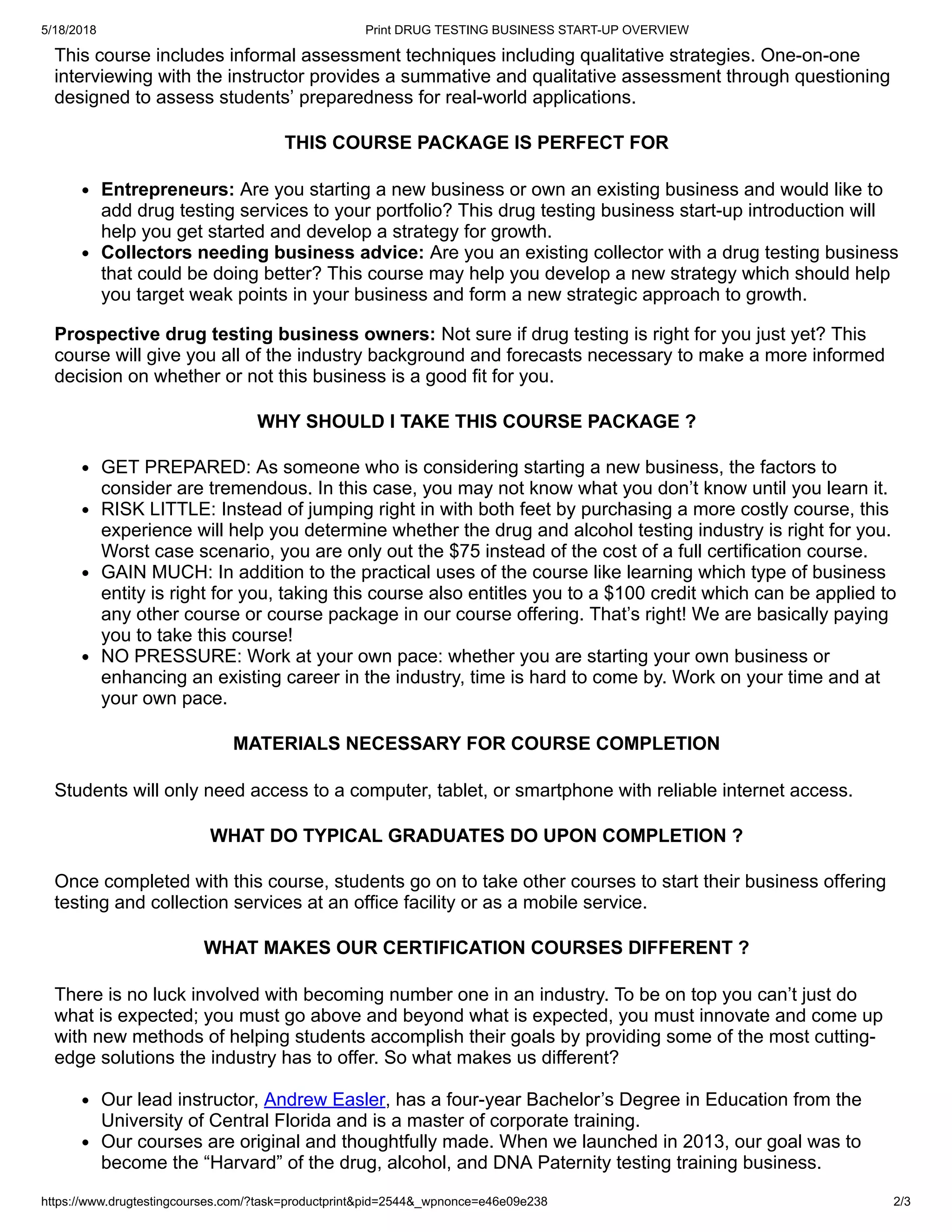 Drug & Alcohol Testing Business Start-up Overview | PDF