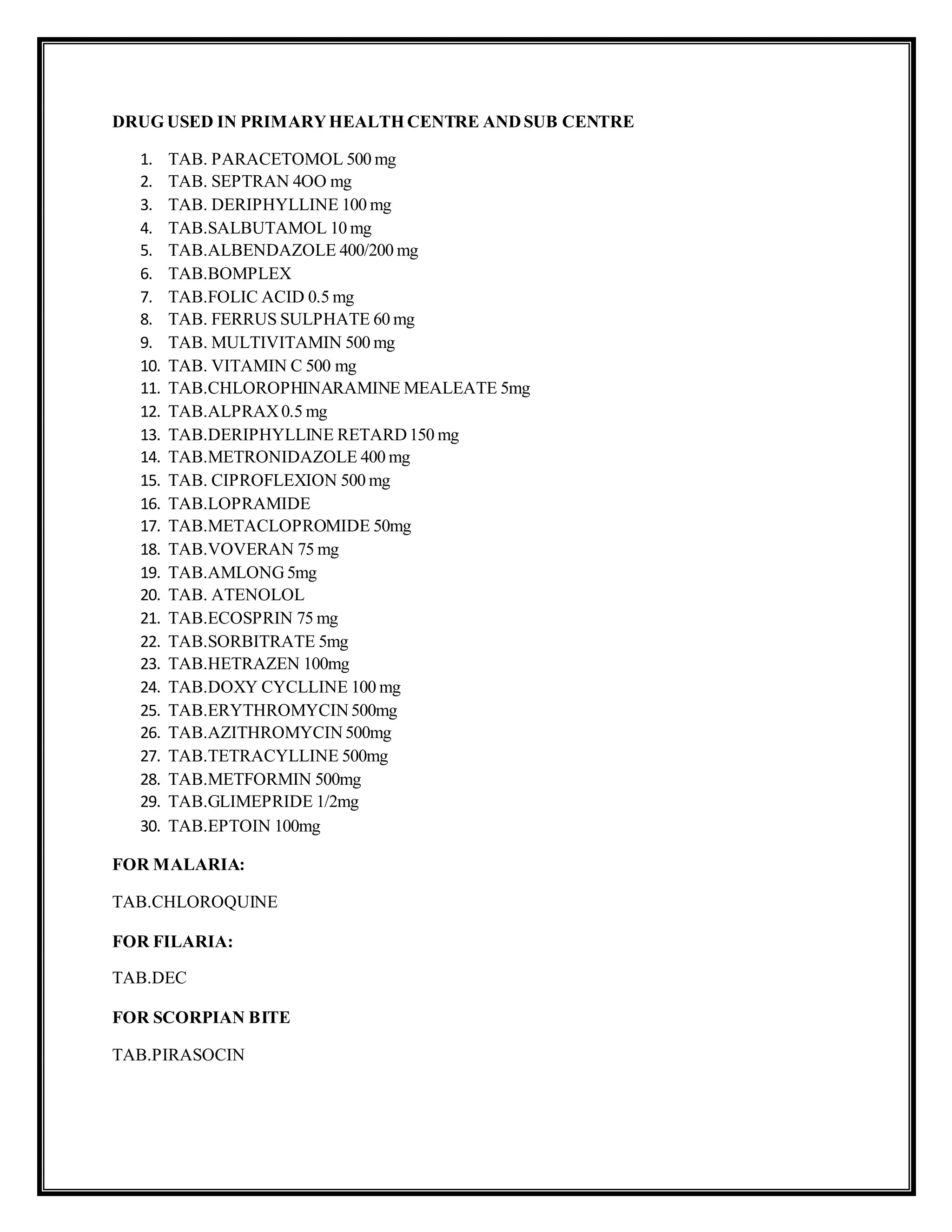 Drug used in primary health centre and sub centre | DOCX