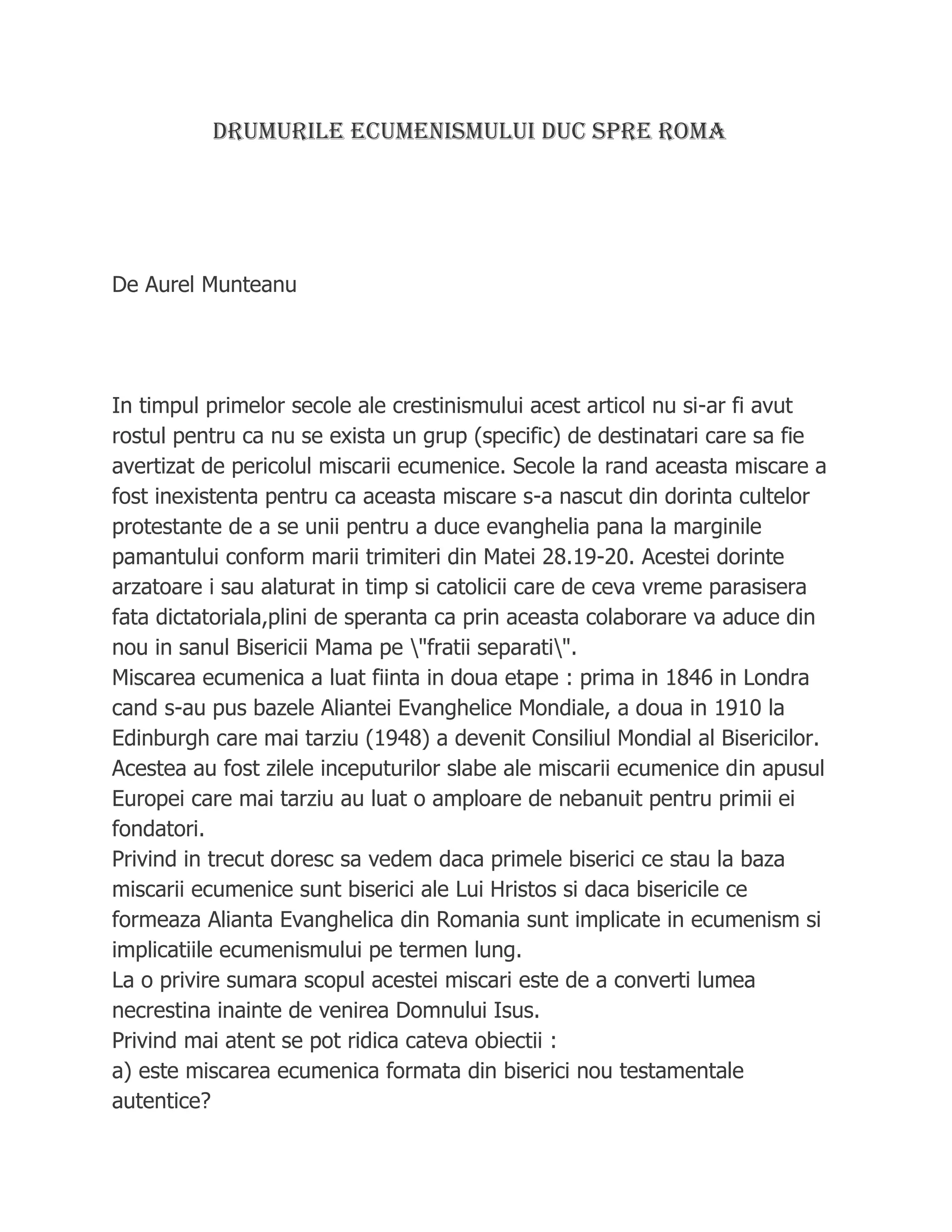 Drumurile ecumenismului duc spre roma | DOCX