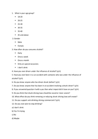 Drunk driving questionnaire | DOCX