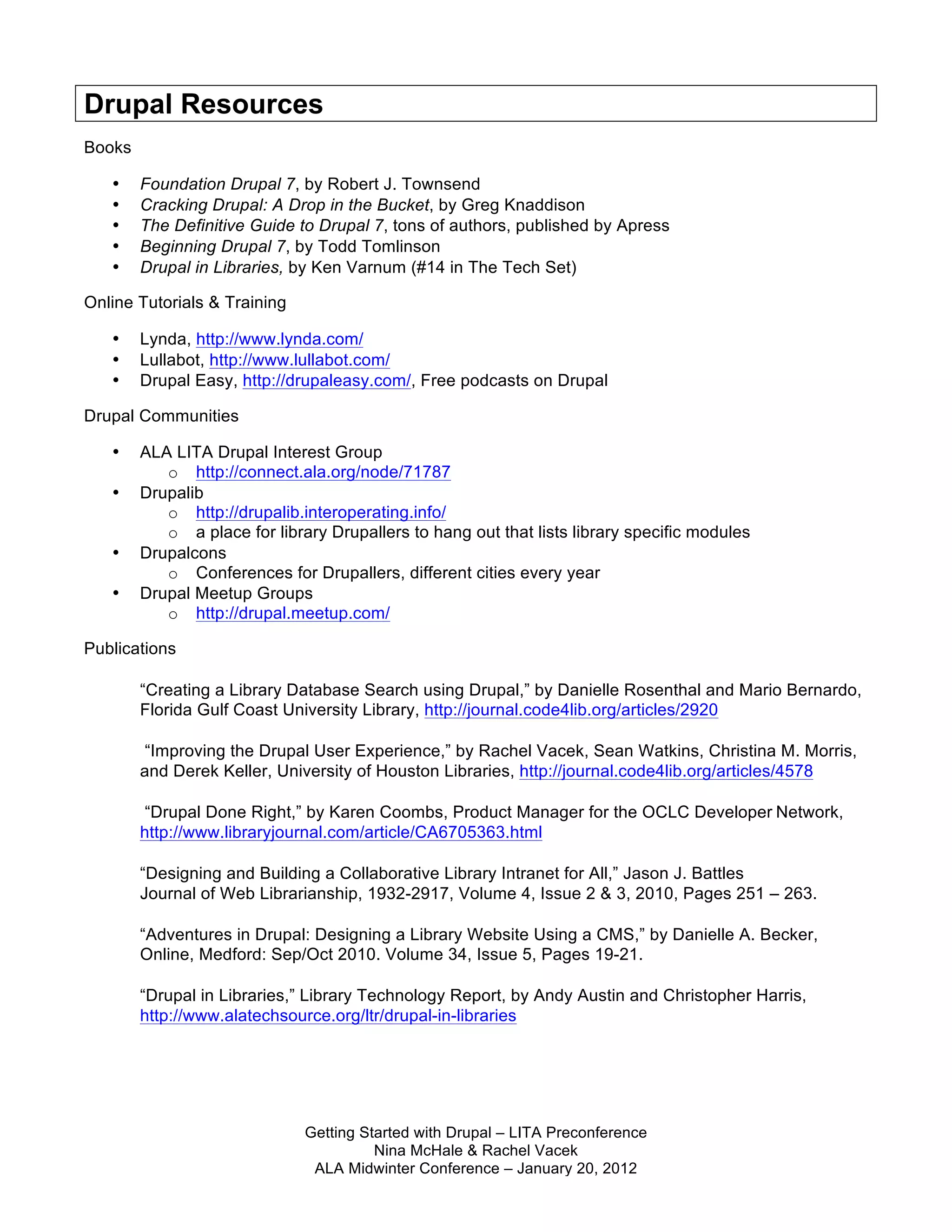 LITA Preconference: Getting Started with Drupal (handout) | PDF