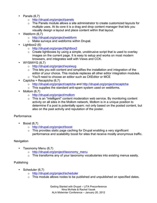 LITA Preconference: Getting Started with Drupal (handout) | PDF