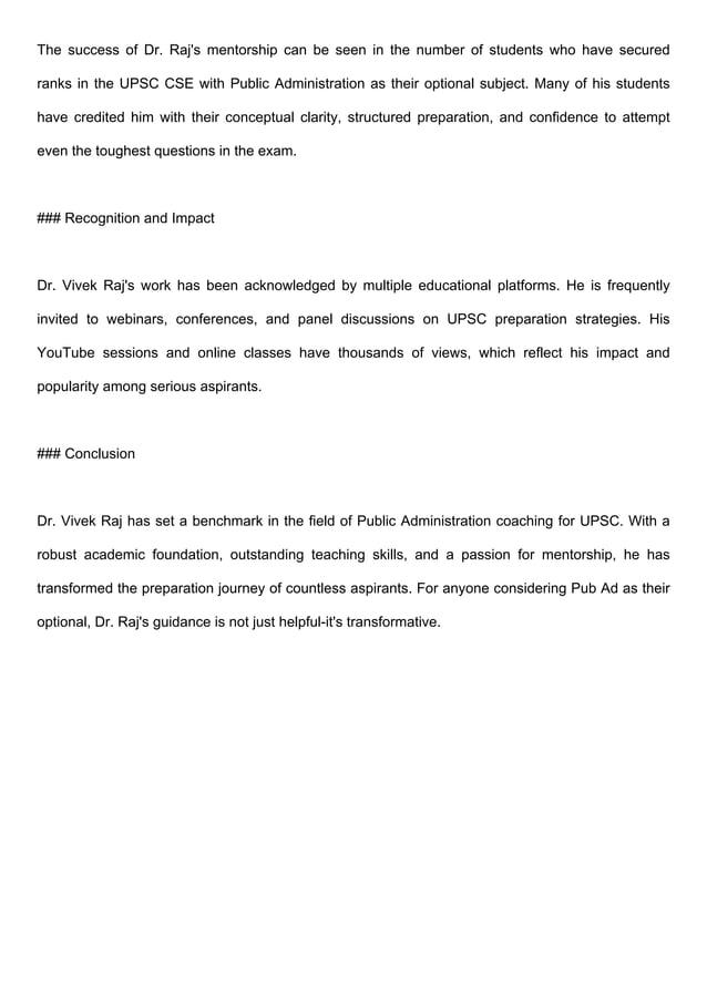 Dr Vivek Raj best known teacher of Public admin | PDF