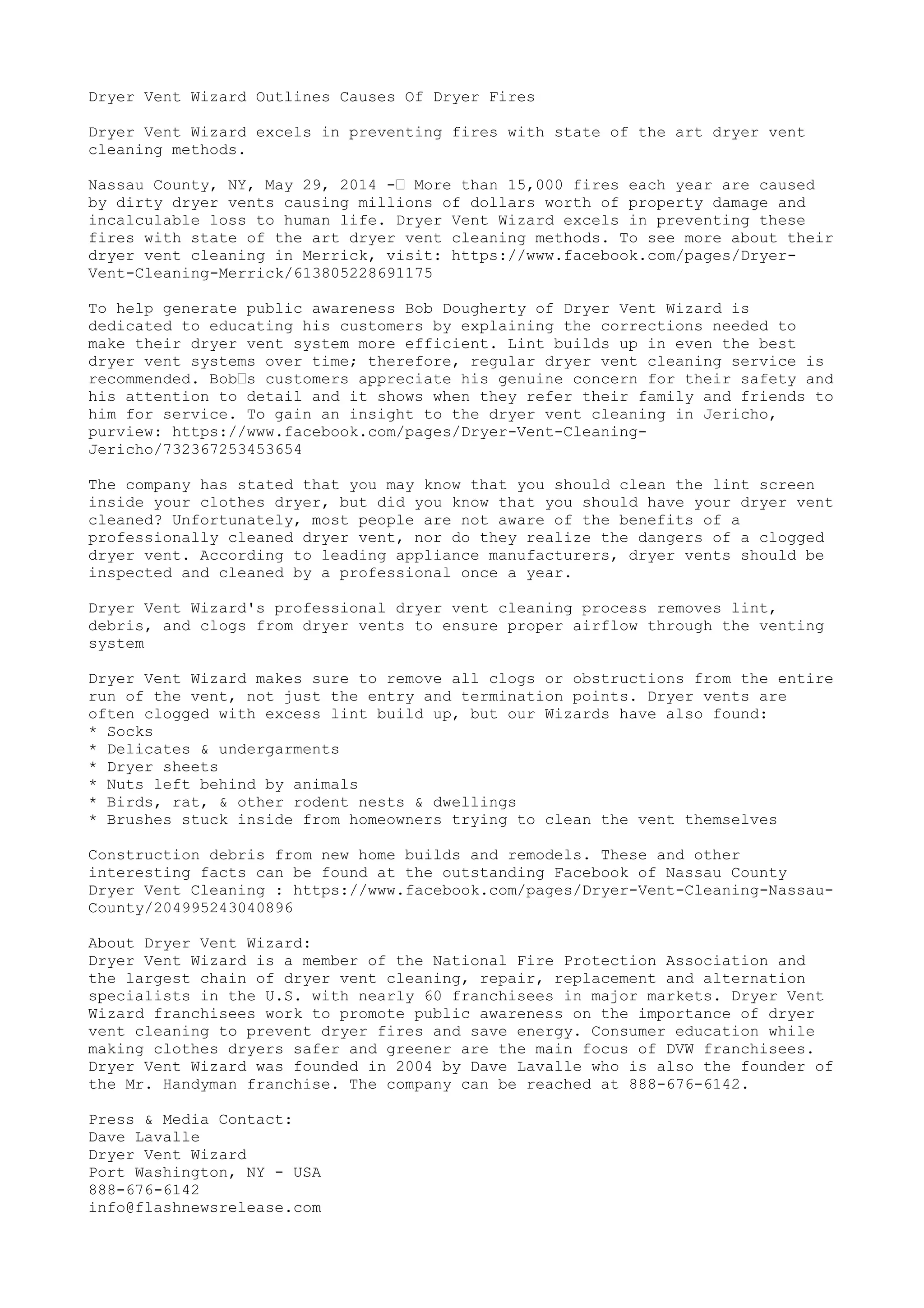 Dryer Vent Wizard Outlines Causes Of Dryer Fires | TXT