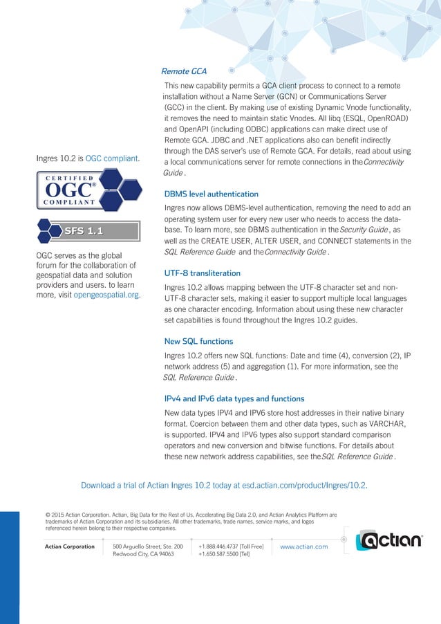 Actian Ingres10.2 Datasheet | PDF | Databases | Computer Software and Applications