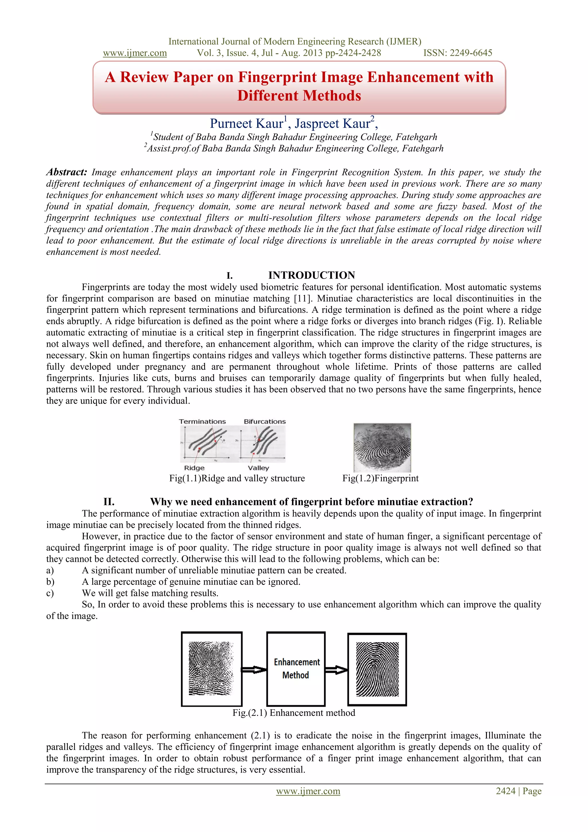 A Review Paper on Fingerprint Image Enhancement with Different Methods | PDF
