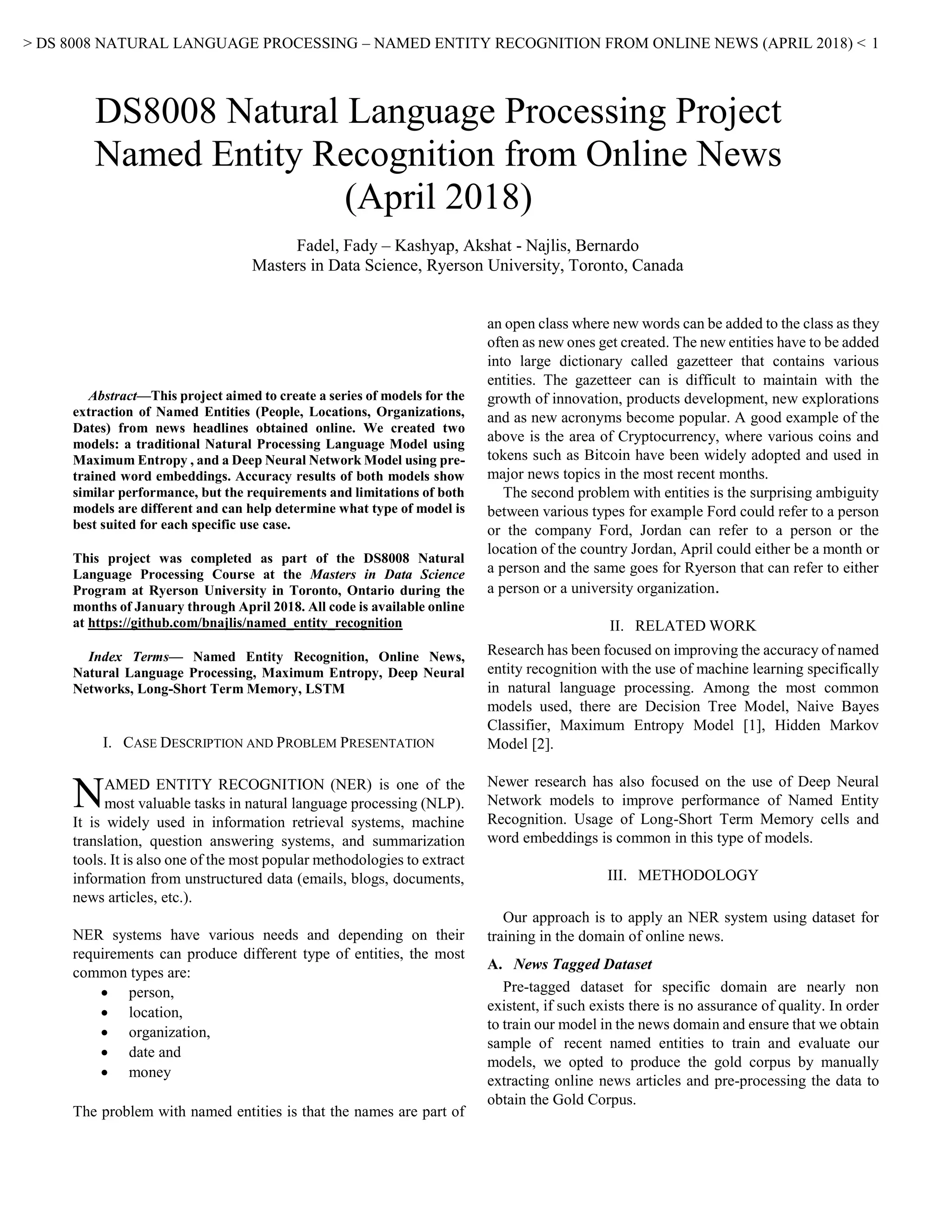 Named Entity Recognition from Online News | PDF