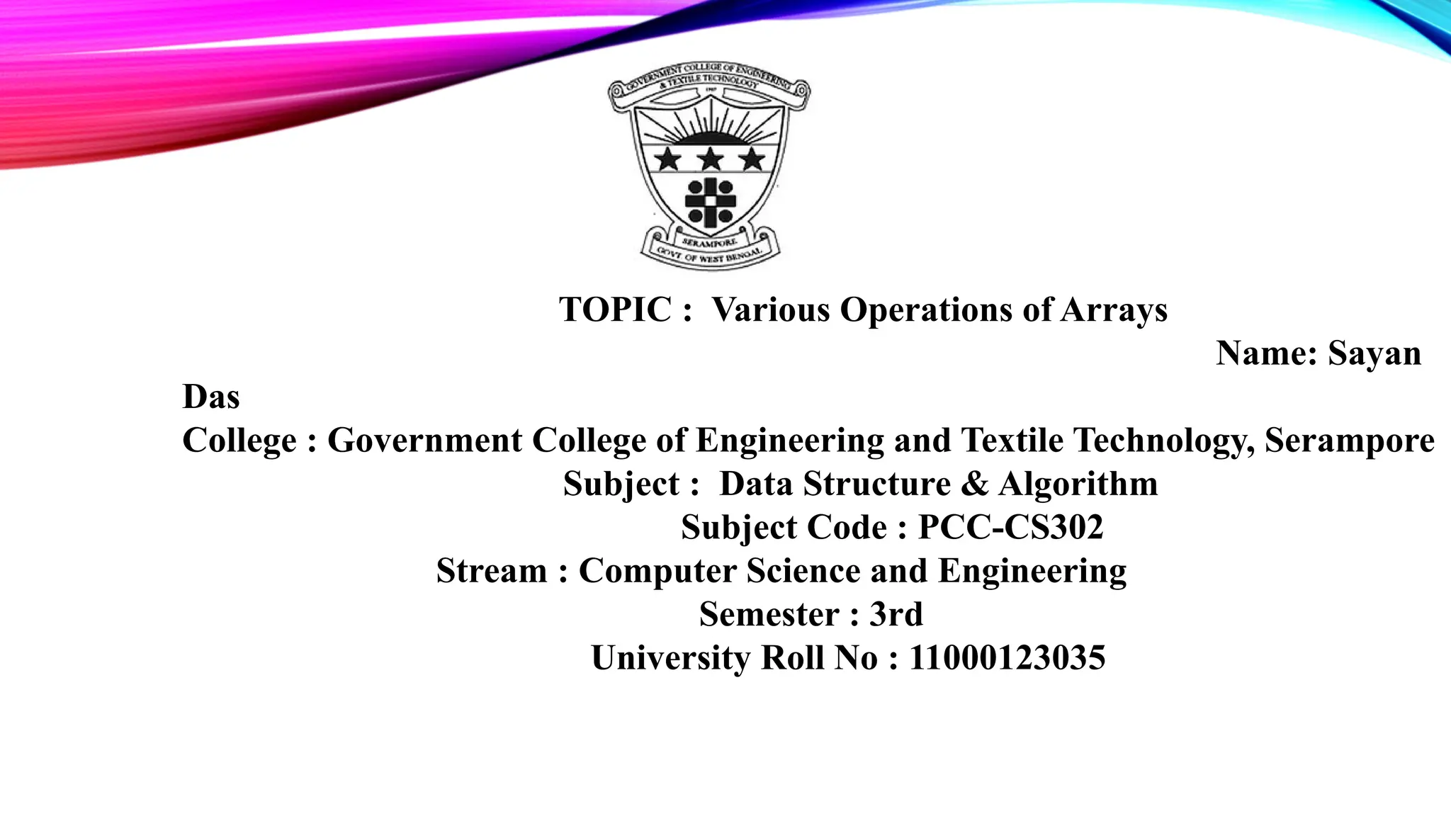 Data Structure And Algorithm For Various Operation Of Arrays Ppt
