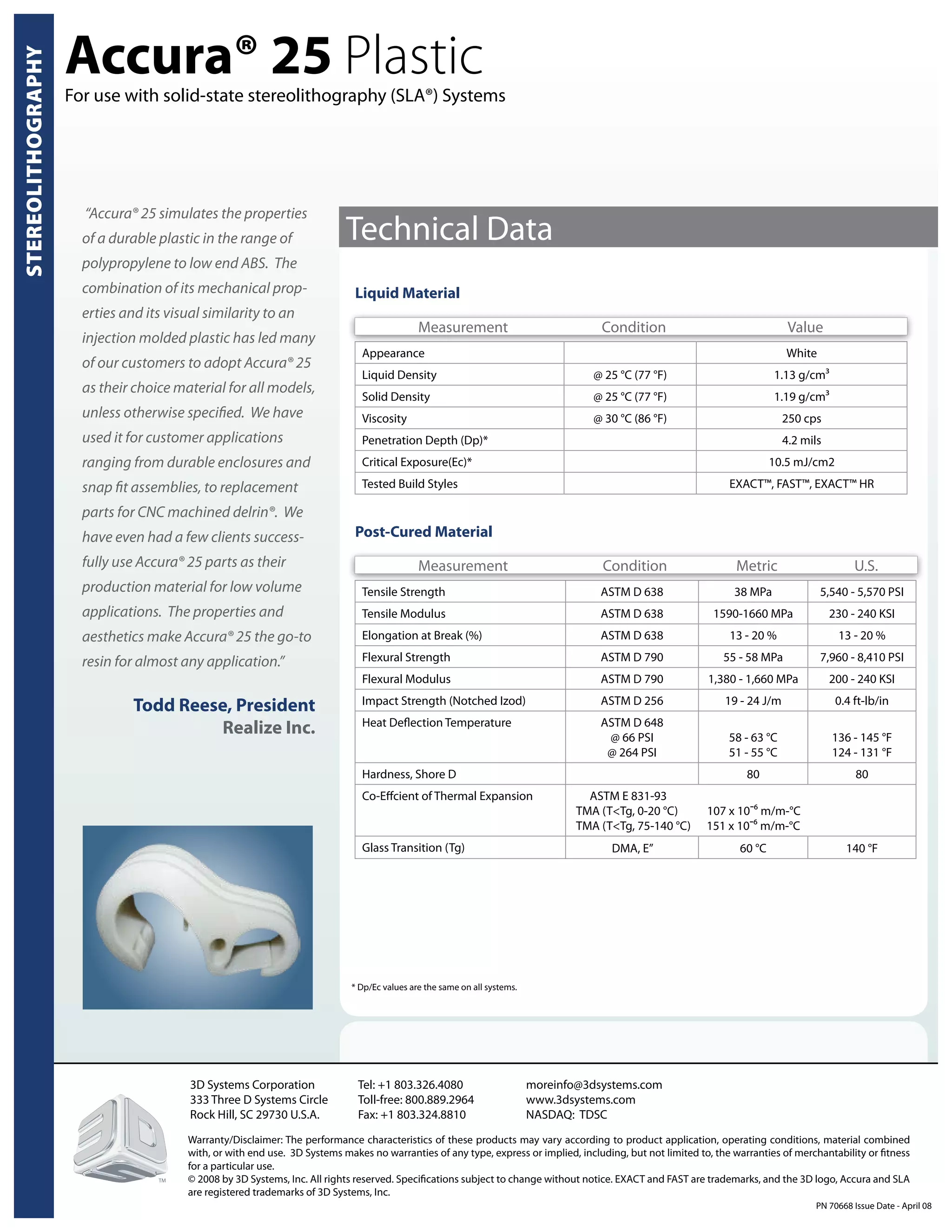 Accura 25 SLA Plastic material properties (EN) | PDF