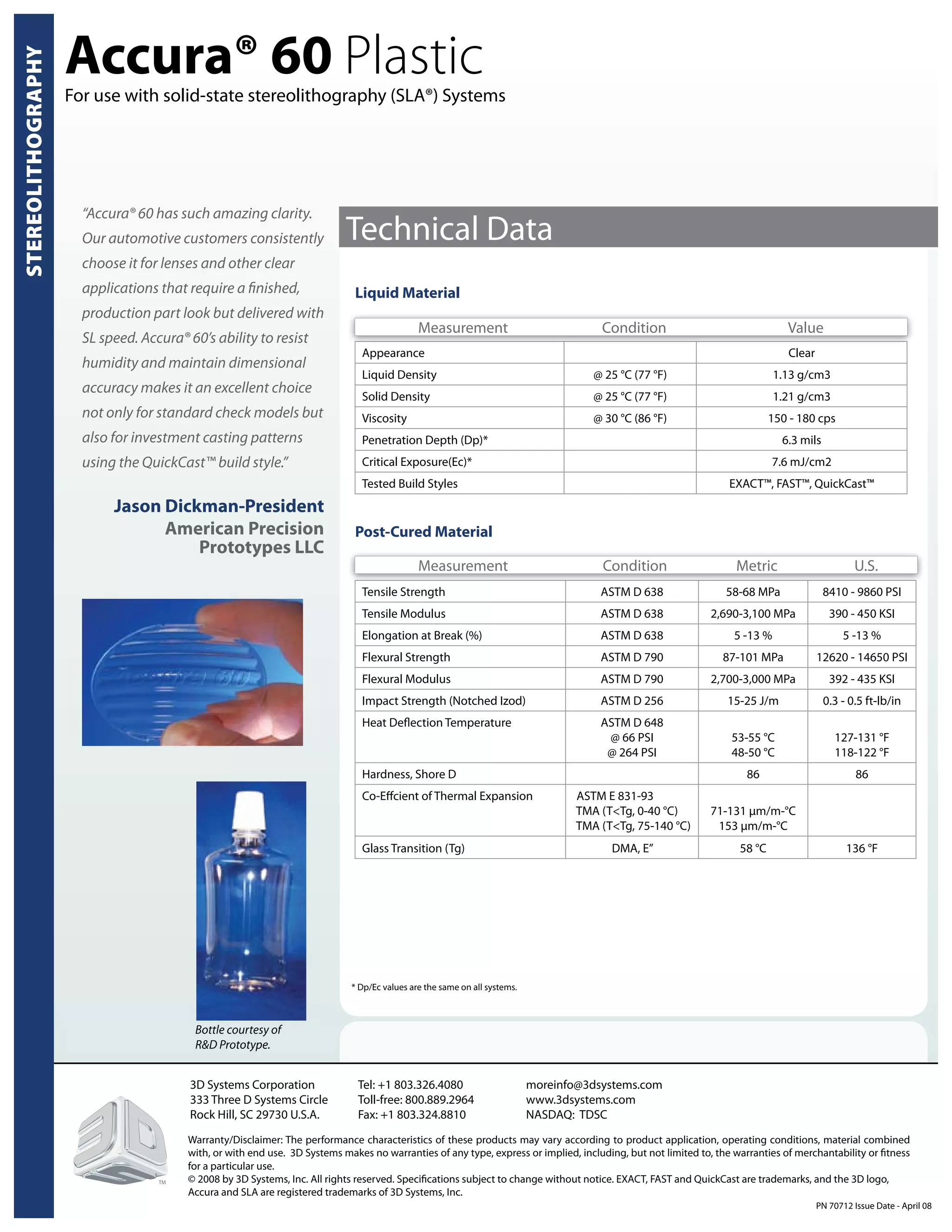 Accura 60 SLA Plastic material properties (EN) | PDF
