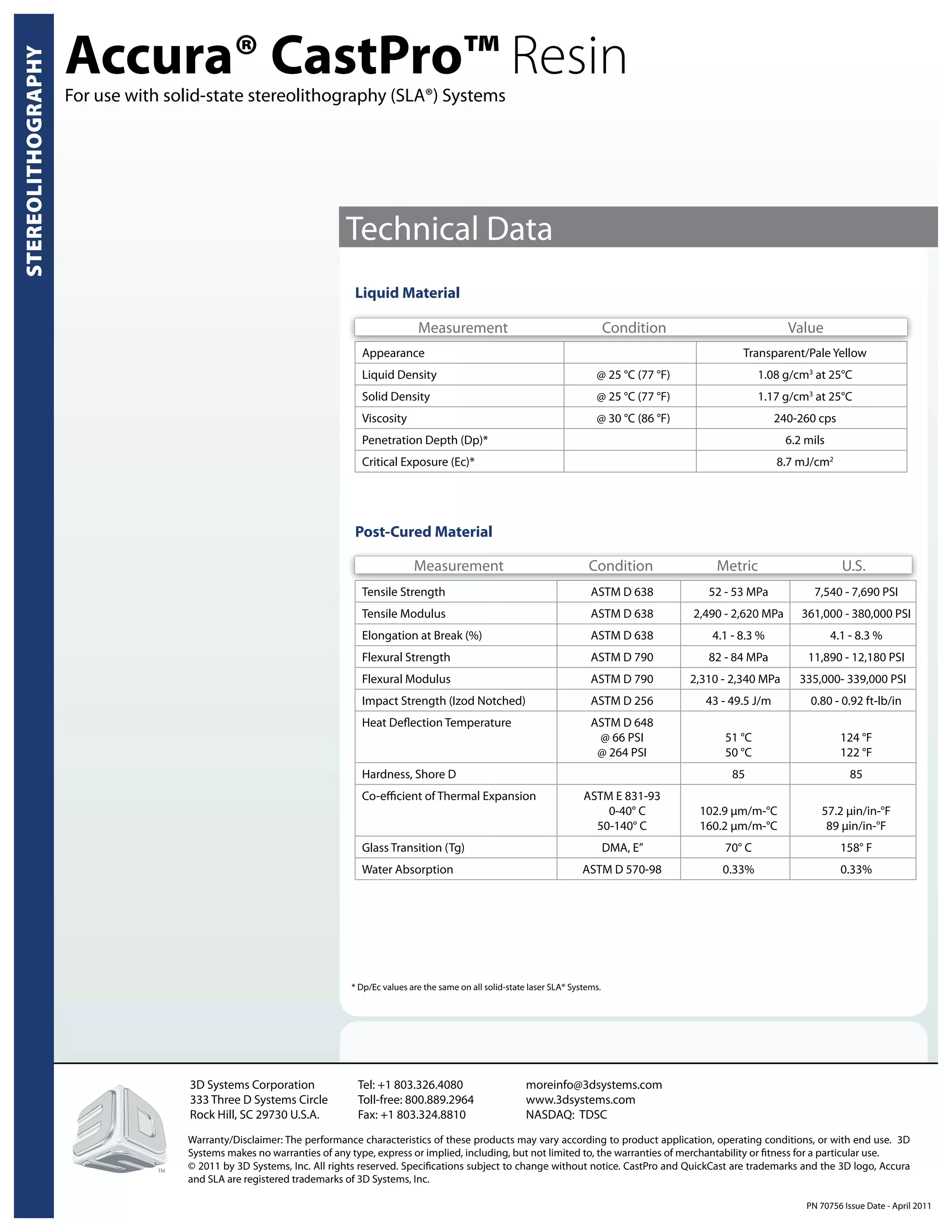 Accura CastPro SLA Resin material properties (EN) | PDF